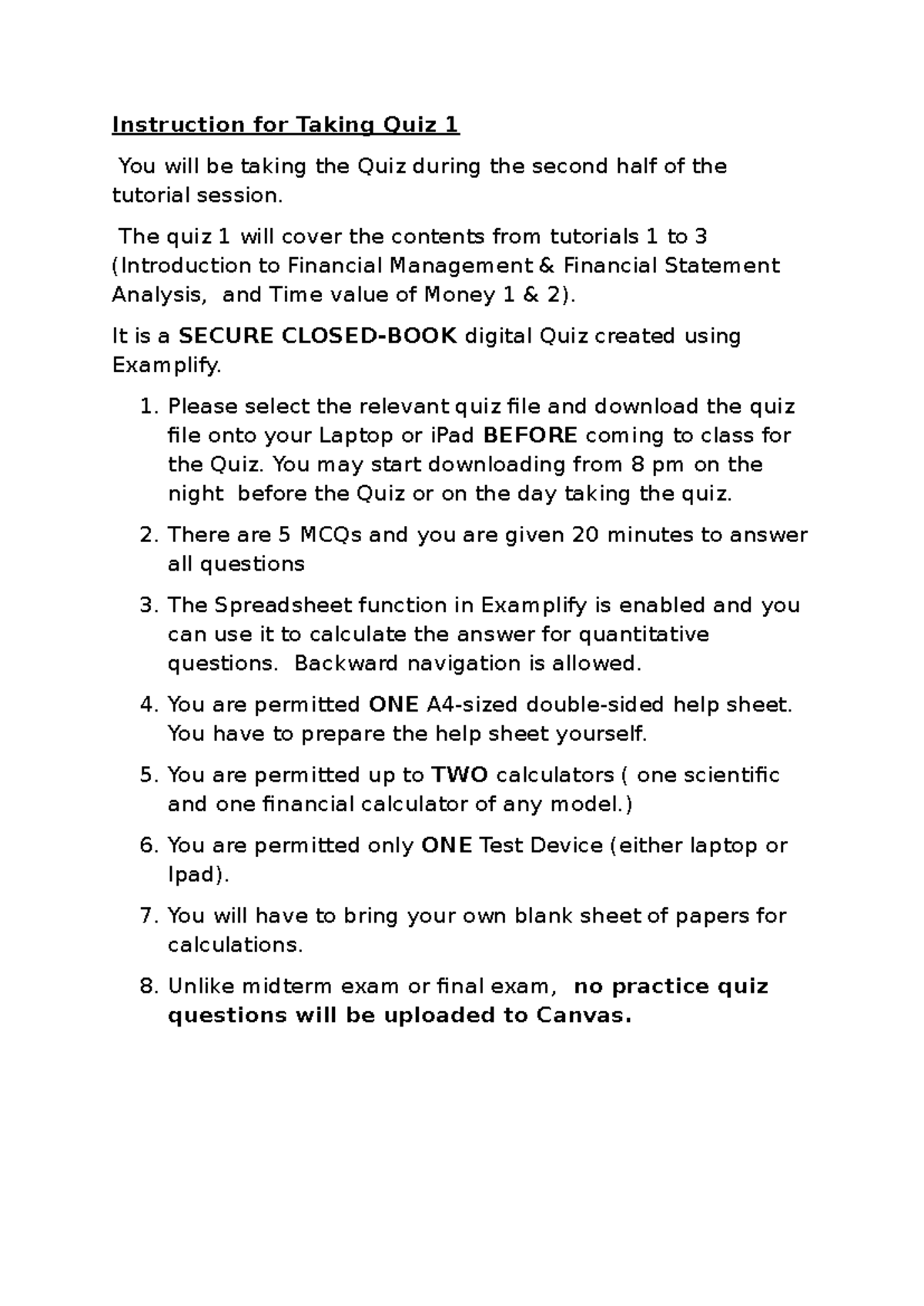Instructions for Taking Quiz 1 - Financial Management (FM101) - Studocu