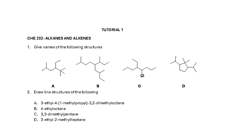 CHE 232 Tutorial 1: Alkanes, Alkenes & Isomer Classification - Studocu