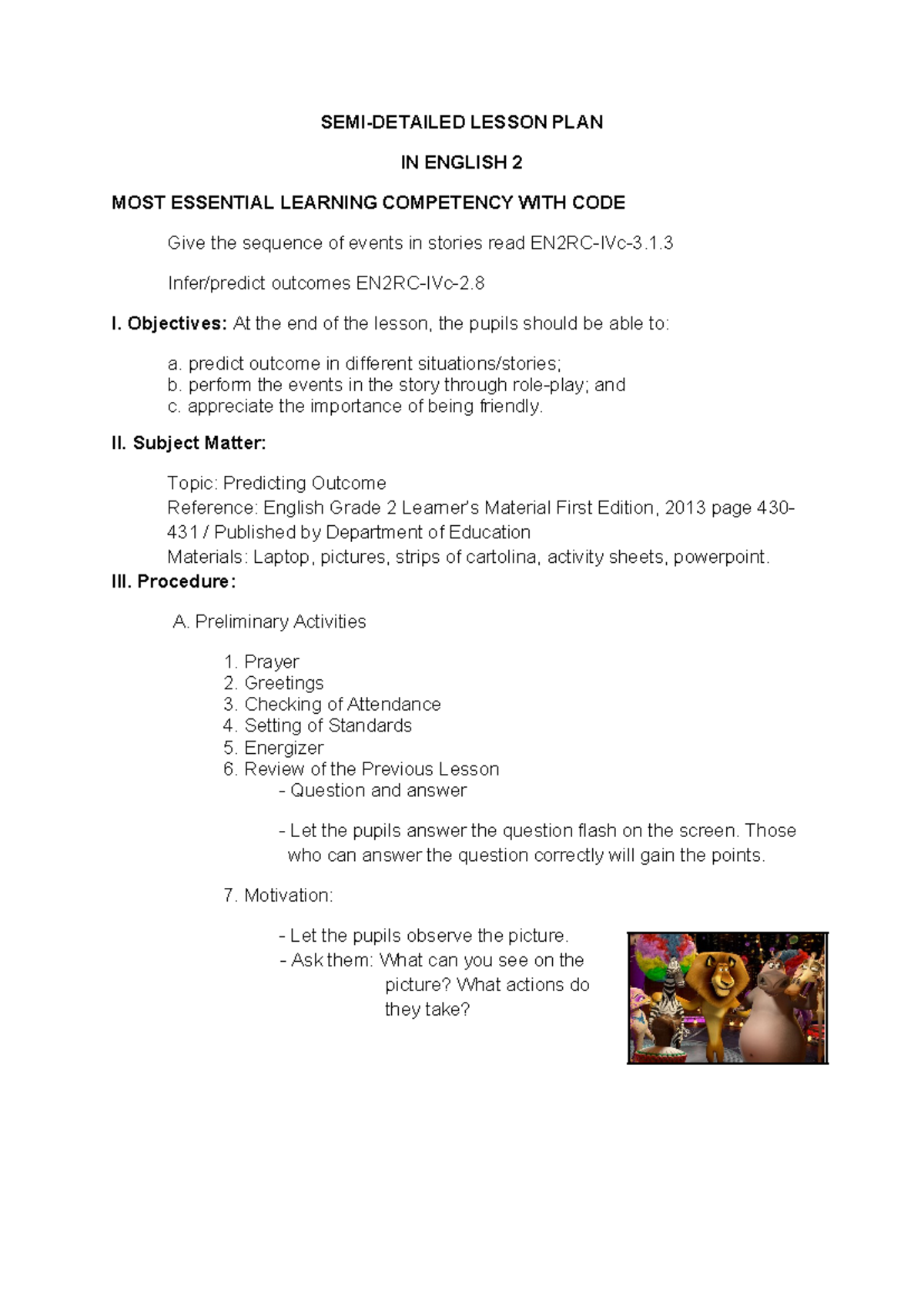 SEMI-DETAILED LESSON PLAN: Predicting Outcomes in English 2 - Studocu