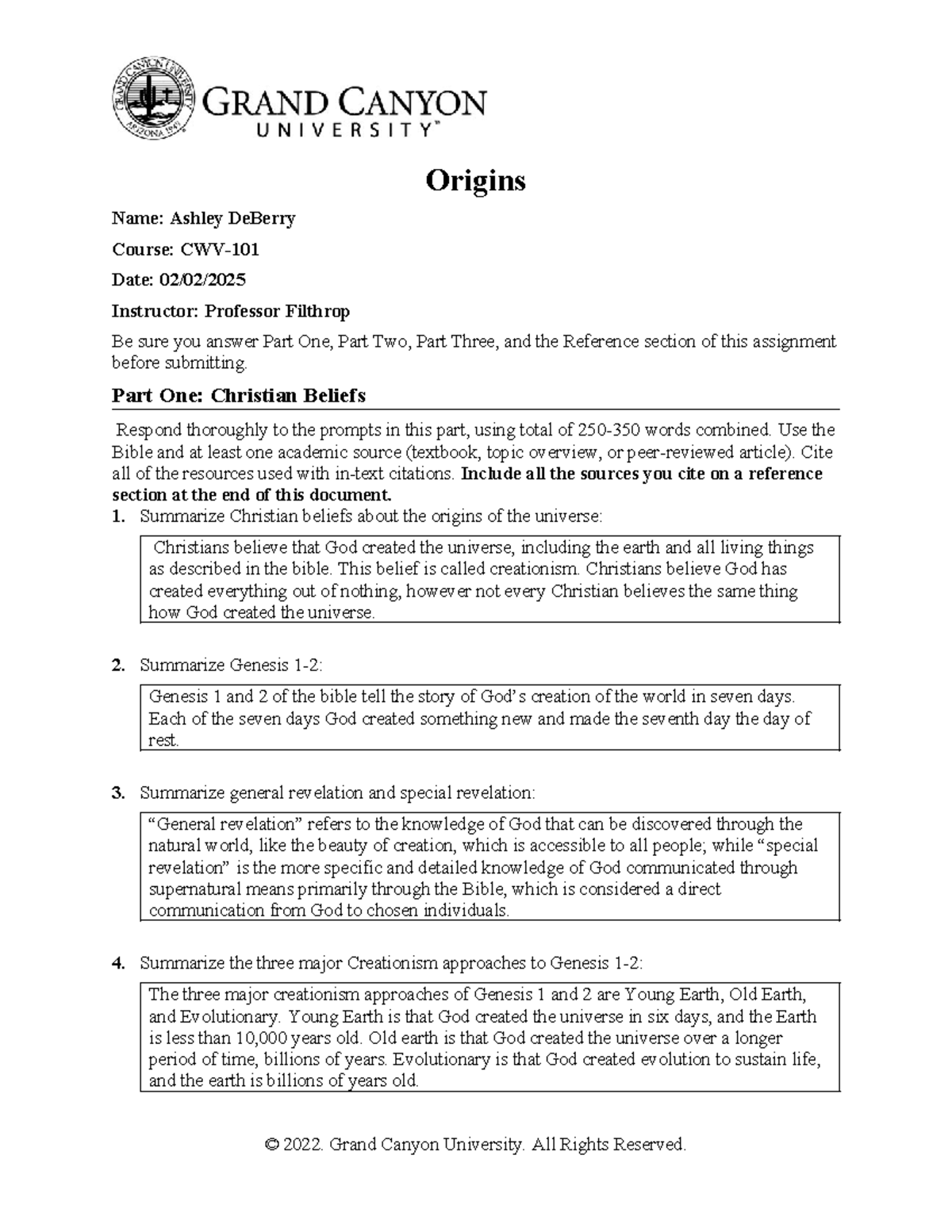 CWV-101-WEEK #2-Origins assignment - Origins Name: Ashley DeBerry ...