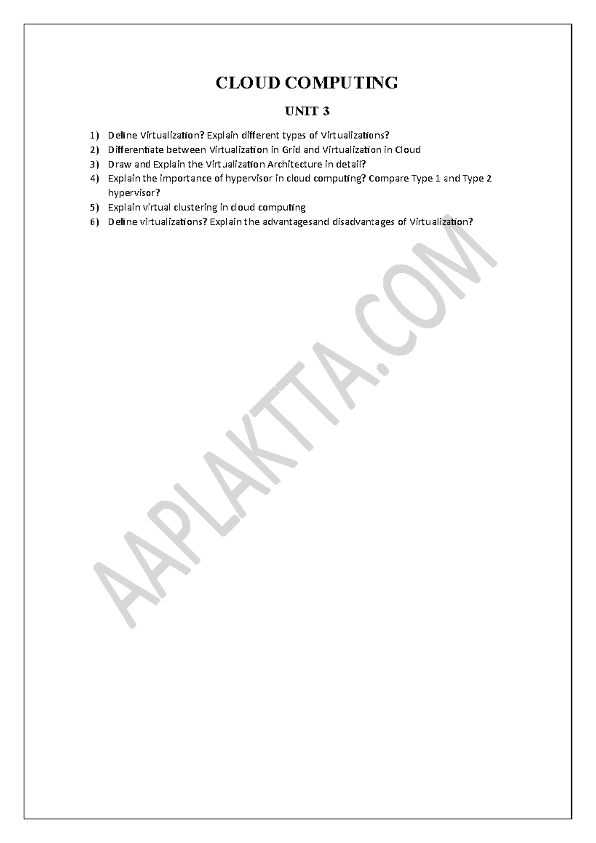 Cloud Computing Que Bank - CLOUD COMPUTING UNIT 3 1) Define Virtualization? Explain different ...