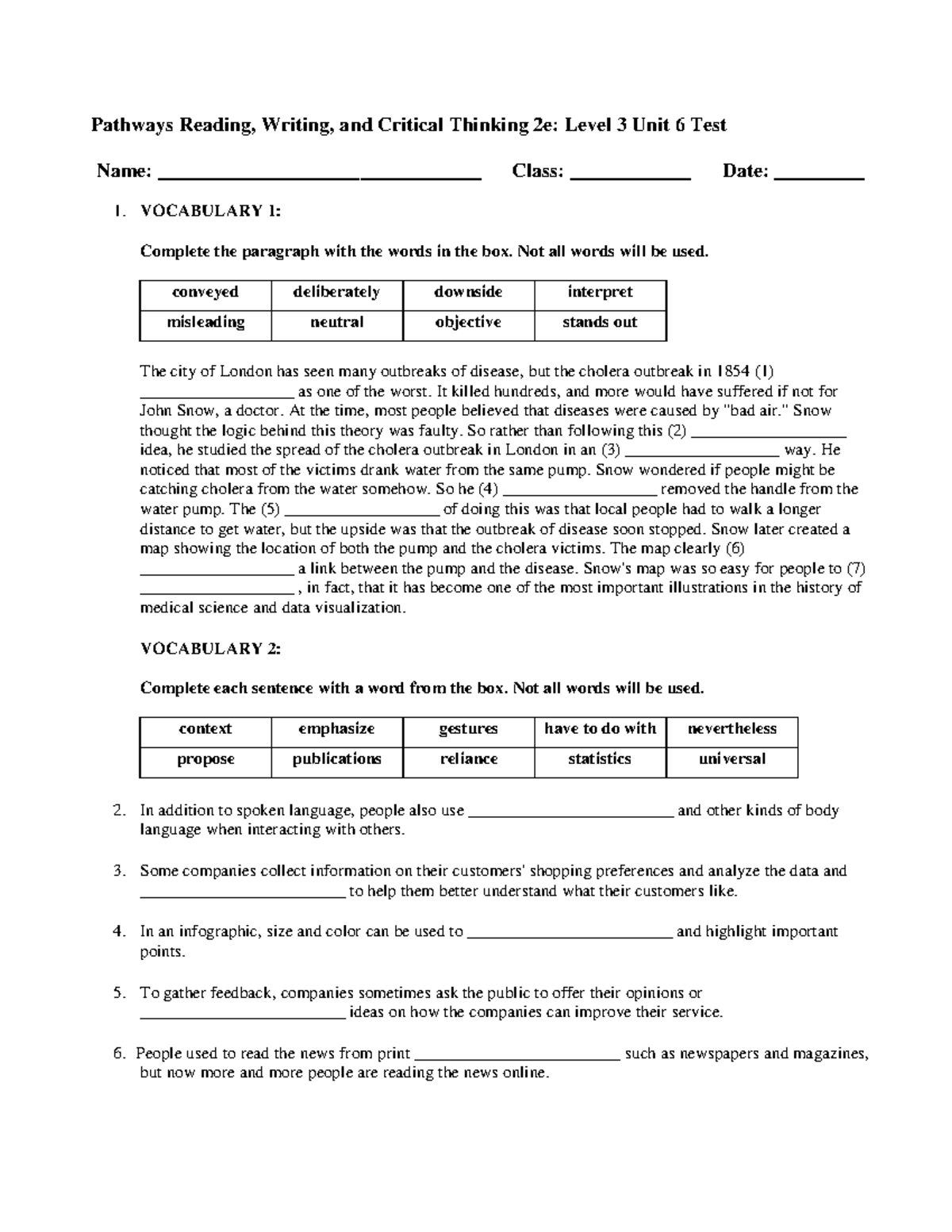 Pathways 2e: Level 3 Unit 6 Test - Vocabulary & Reading Review - Studocu