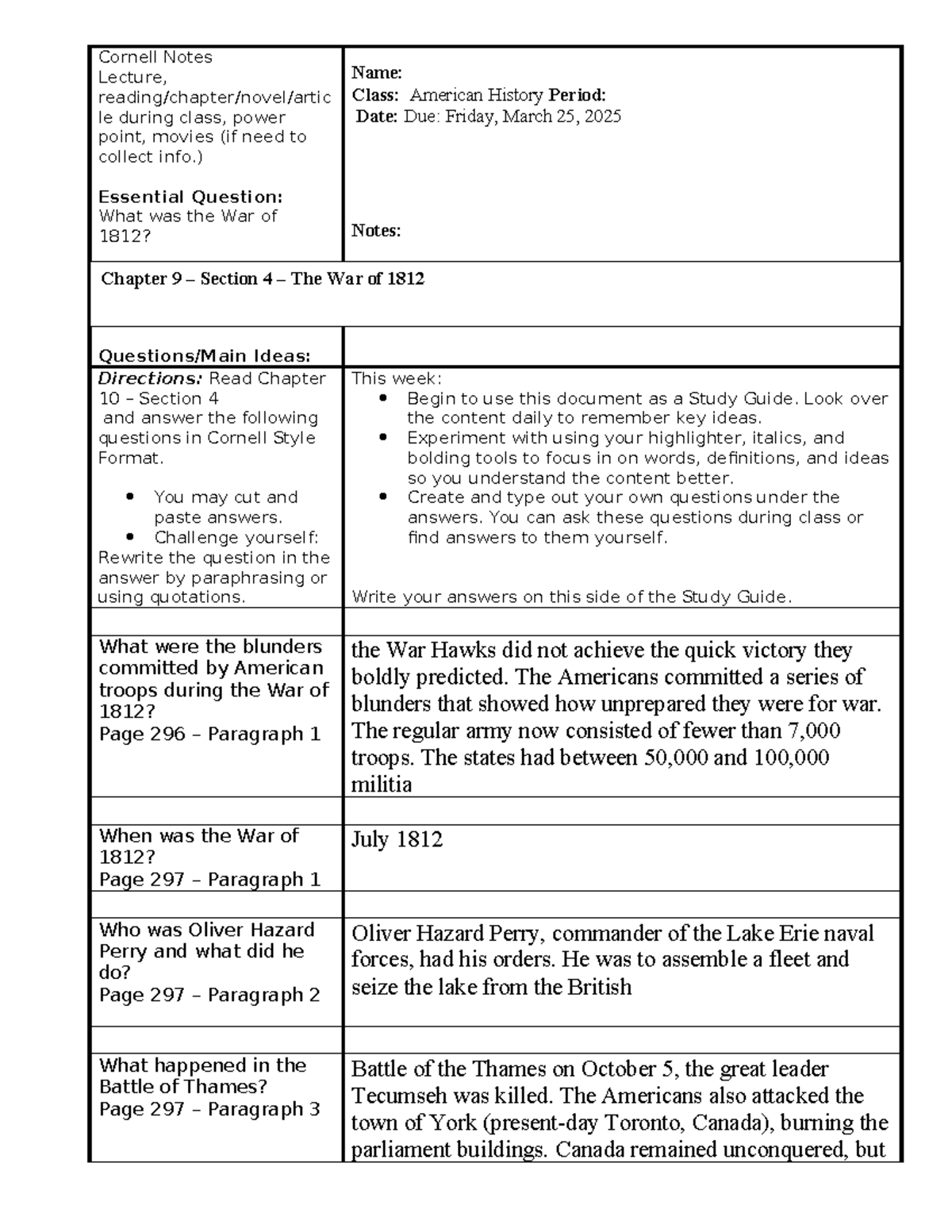 Assignment - Chapter 9 Sec 4 - The War of 1812 Cornell Notes Study ...