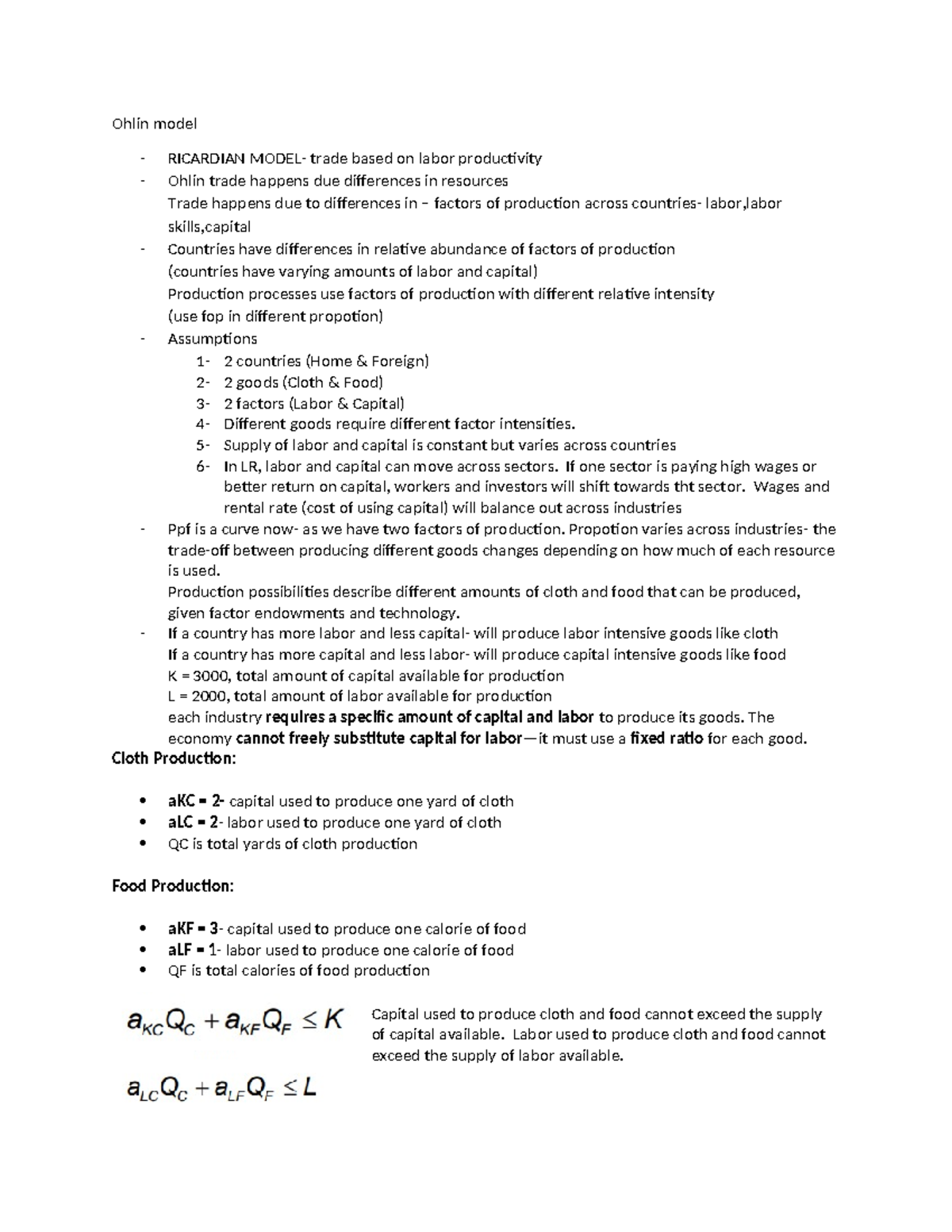 Ohlin Model: RICARDIAN Trade & Labor Productivity Analysis - Studocu