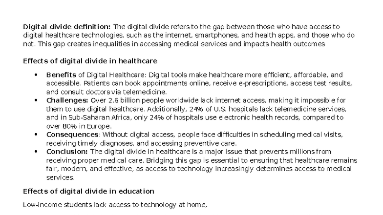 Angielski: Effects of Digital Divide in Healthcare and Education - Studocu