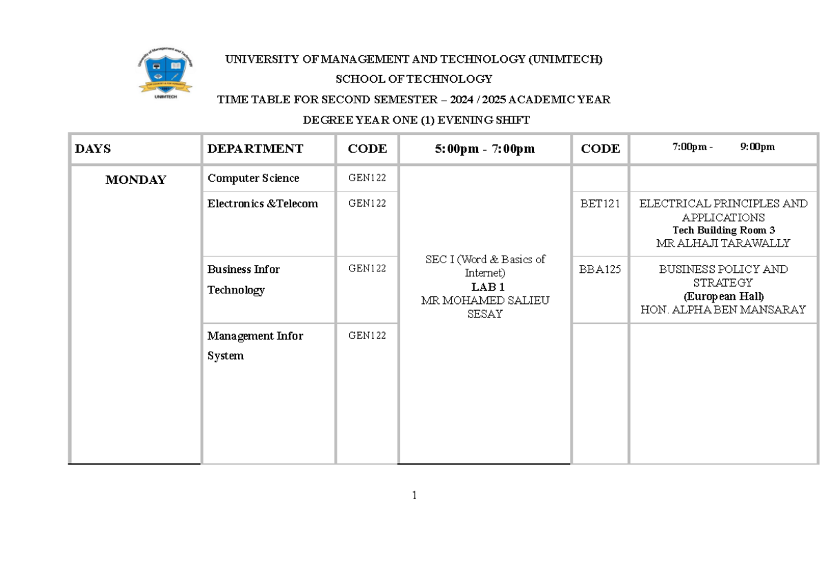 B.SC. Year 1 Second Semester Timetable 2024-2025 - Studocu