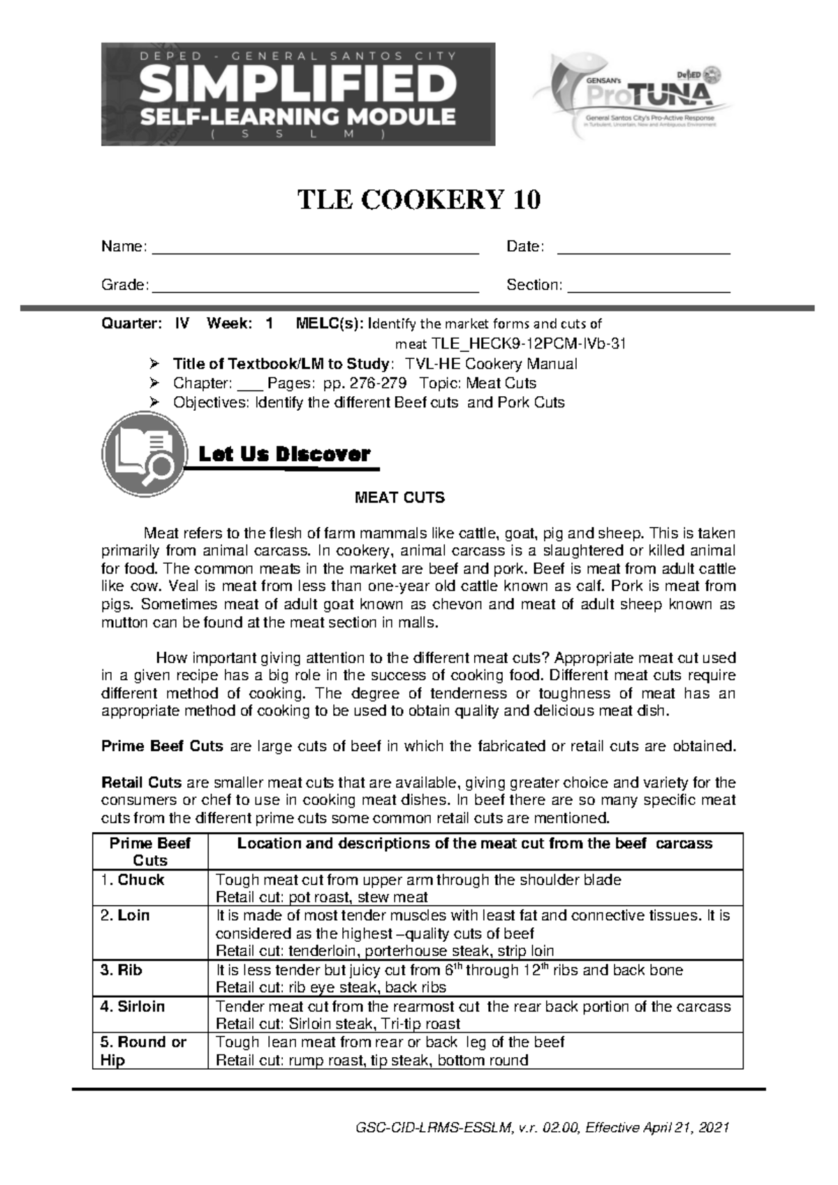 TLE 10 Cookery: Exploring Meat Cuts for Final Exam Preparation - Studocu