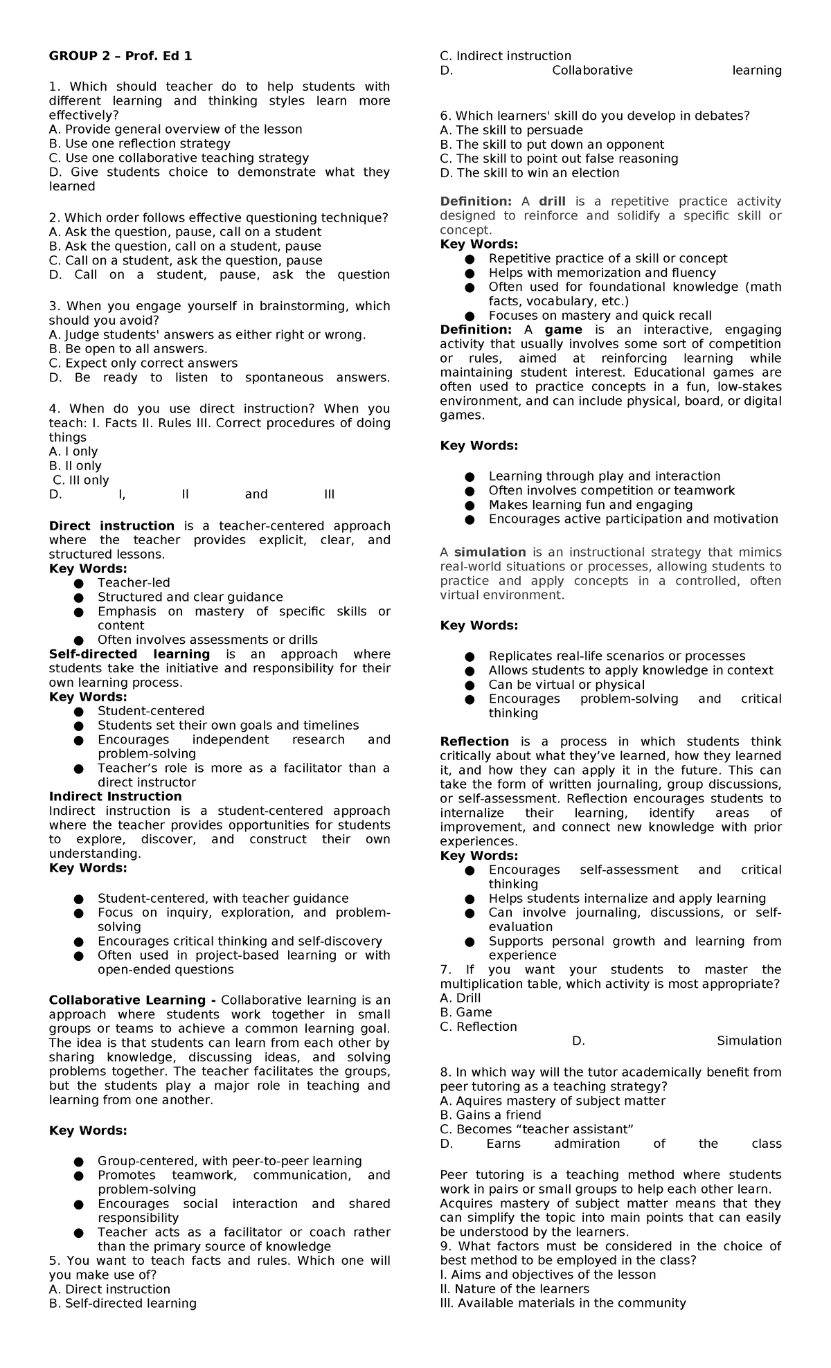 Pof Ed 1 Handout: Strategies for Effective Teaching and Learning - Studocu