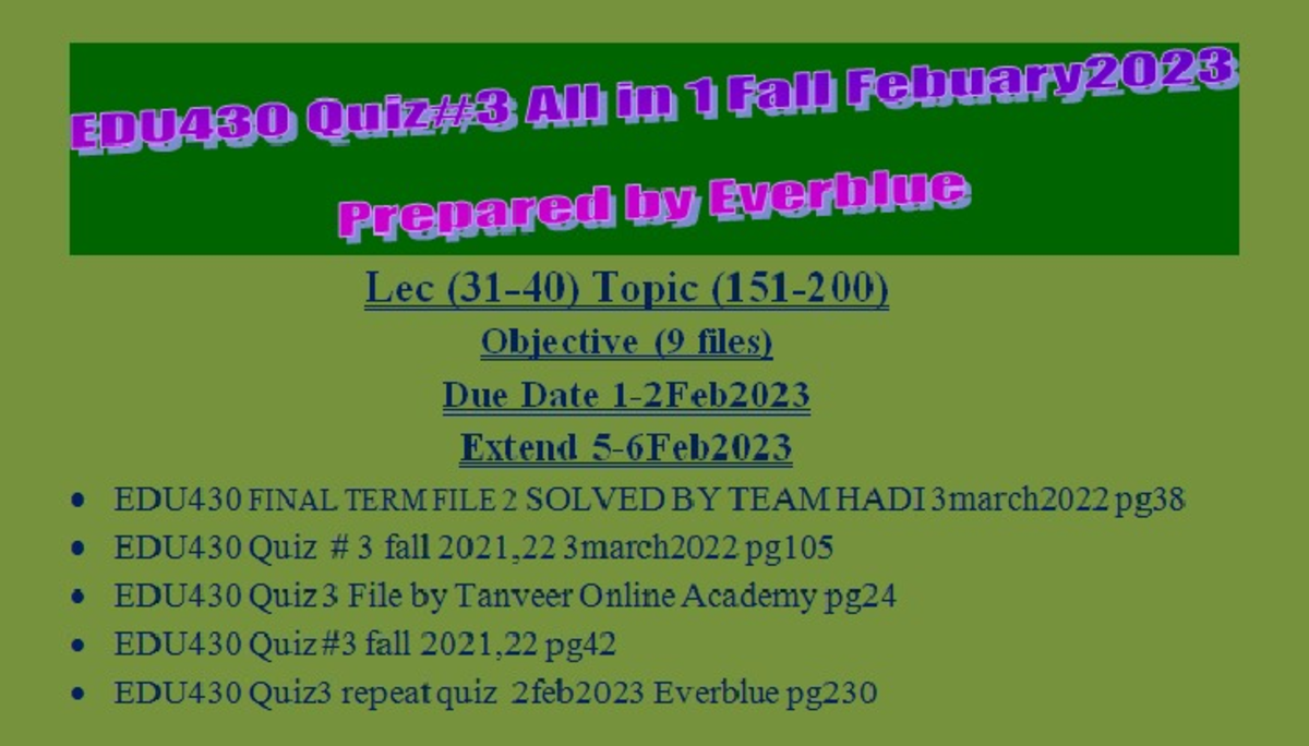 EDU430 Quiz#3 All in 1 File 2February 2023 By Everblue -1 - ICT in Eduation - EDU 430 By M Nawaz ...