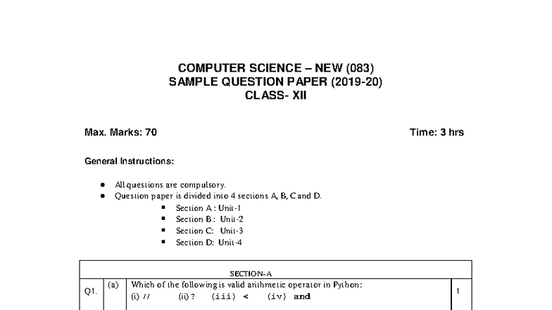 Computer Science Sample Question Paper XII (083) - Max Marks: 70 - Studocu