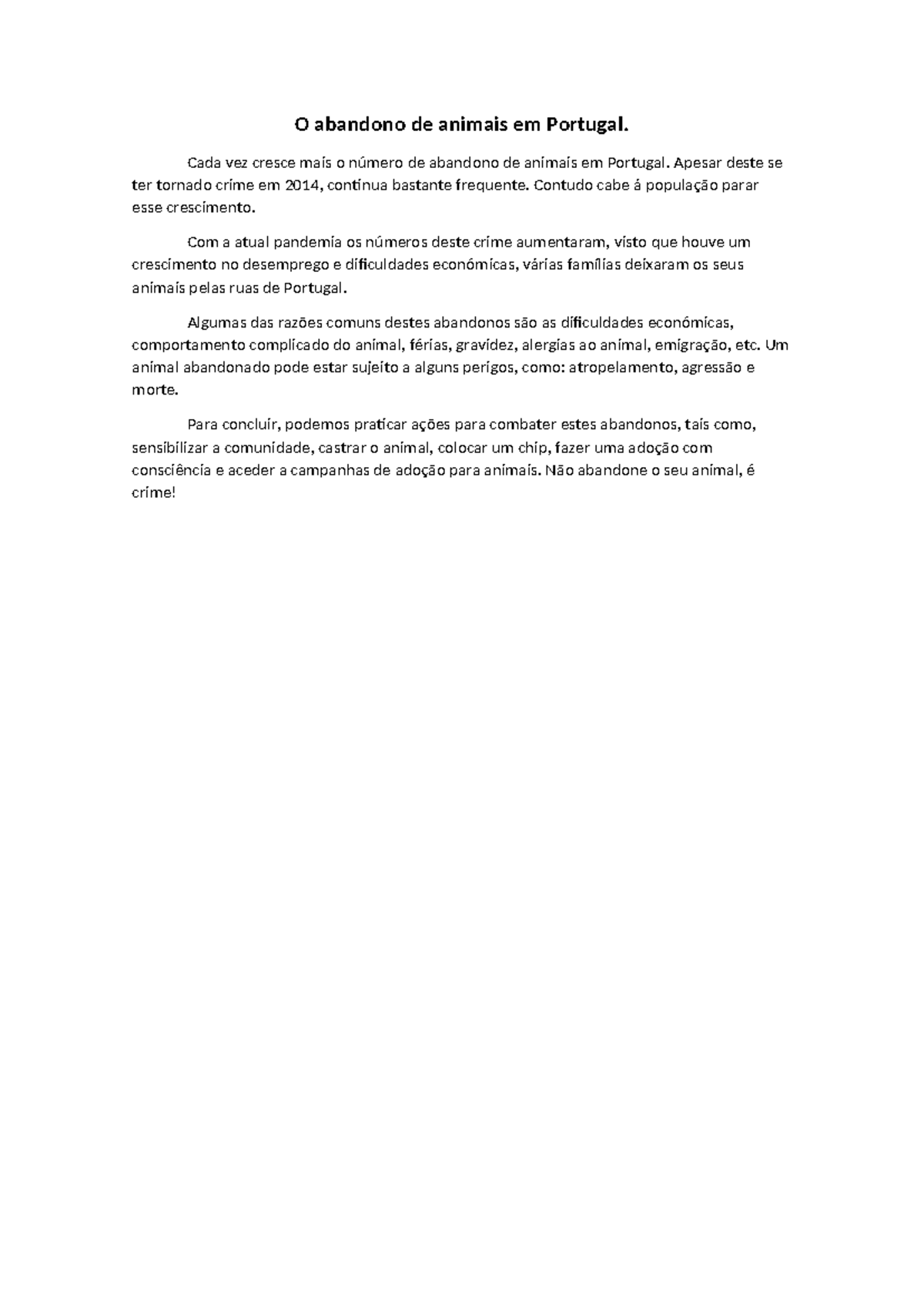 O Abandono de Animais em Portugal: Causas e Soluções - Studocu