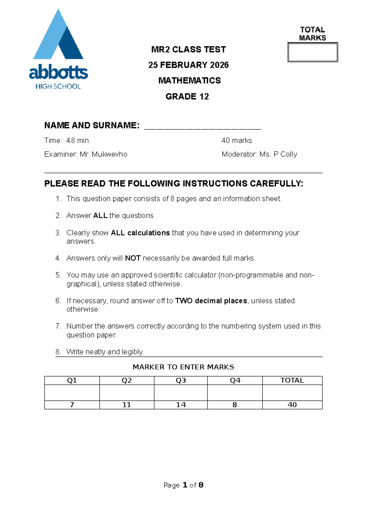 MR2 CLASS TEST: GRADE 12 MATHEMATICS - 25 FEB 2026 - Studocu