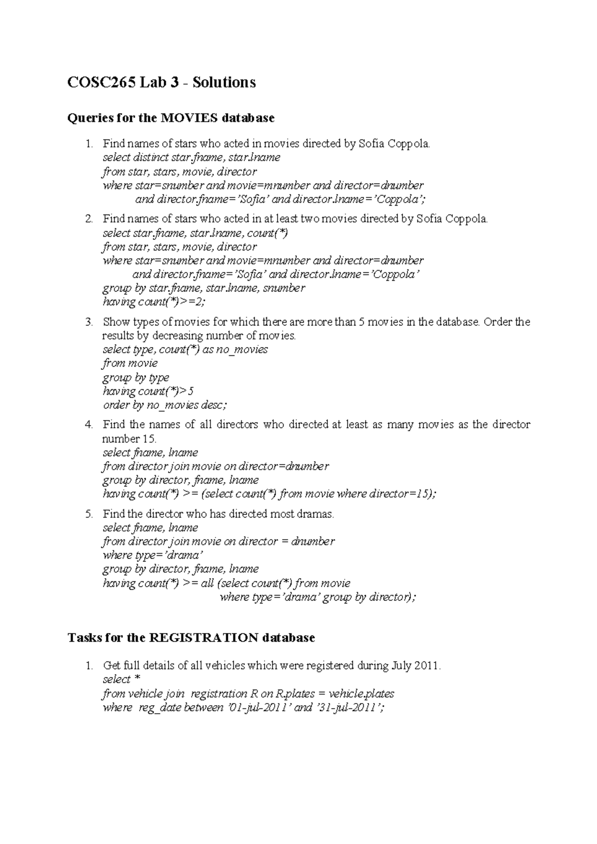 COSC265 Lab 3 Solutions: SQL Queries for MOVIES & REGISTRATION DBs ...