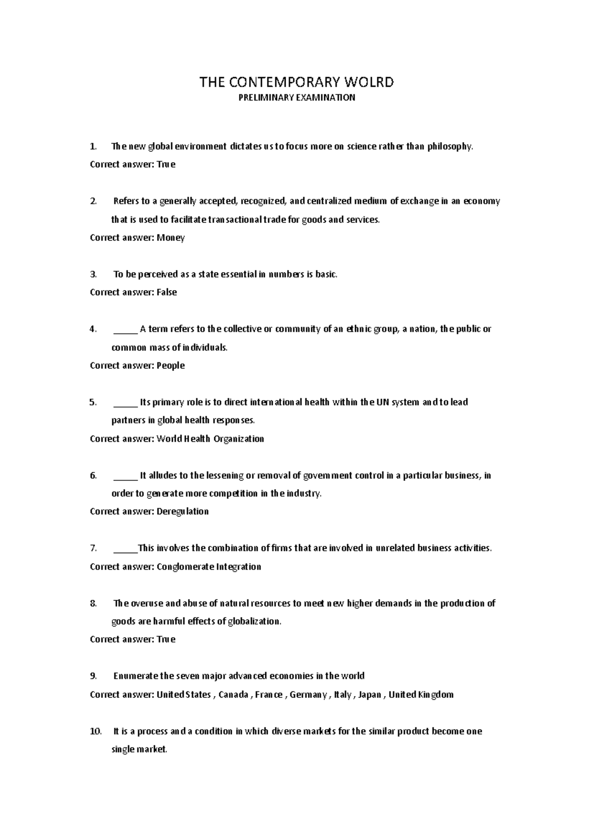 THE Contemporary World Preliminary Exam (Prelim) Questions & Answers ...