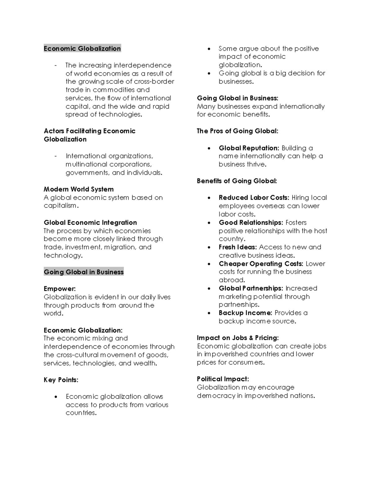 Economic Globalization: Key Concepts and Impacts (ECO 101) - Studocu