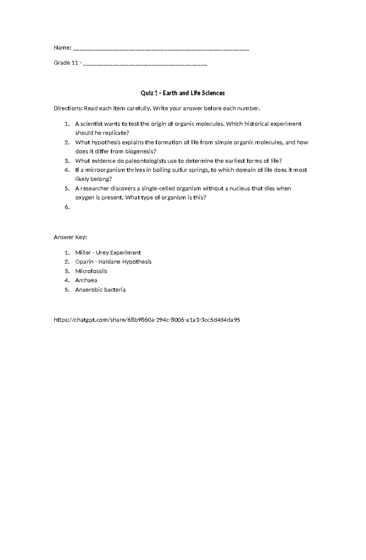 Grade 11 ELS Quiz 1: Earth and Life Sciences Questions & Answers - Studocu