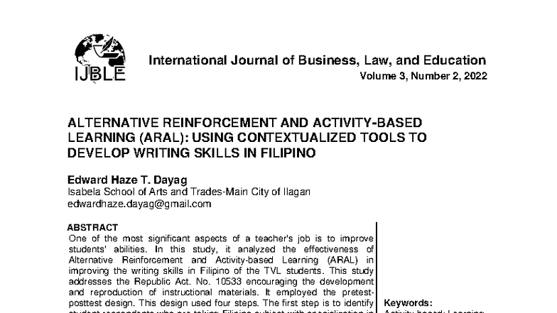 ARAL: Enhancing Filipino Writing Skills in TVL Students (EDU 2022 ...