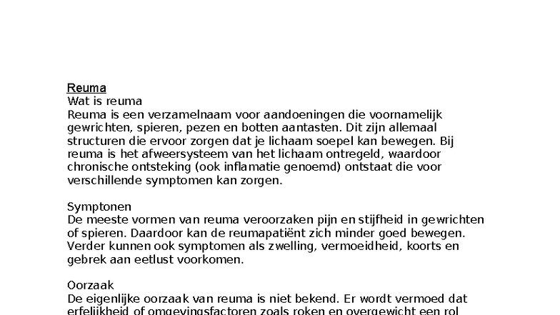 Reuma: Inzicht in Aandoeningen, Symptomen en Behandeling - Studocu