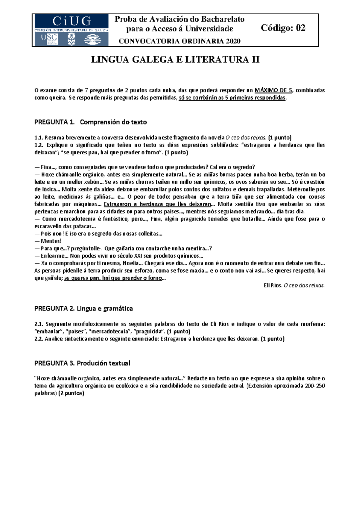 Exame de Lingua Galega e Literatura II (Cód. 02) - Convocatoria Ordinaria 2020 - Studocu