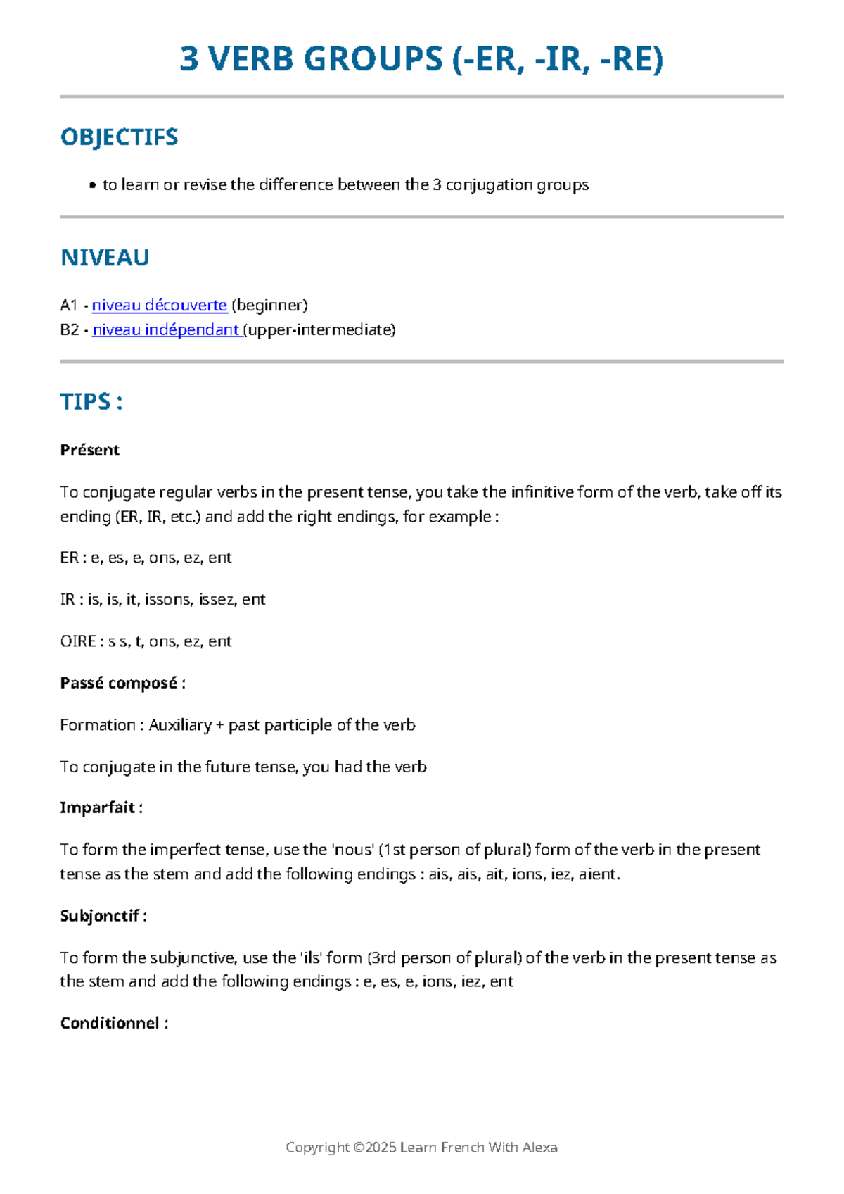 3 VERB GROUPS: French Conjugation Guide for NIVEAU A1 & B2 - Studocu