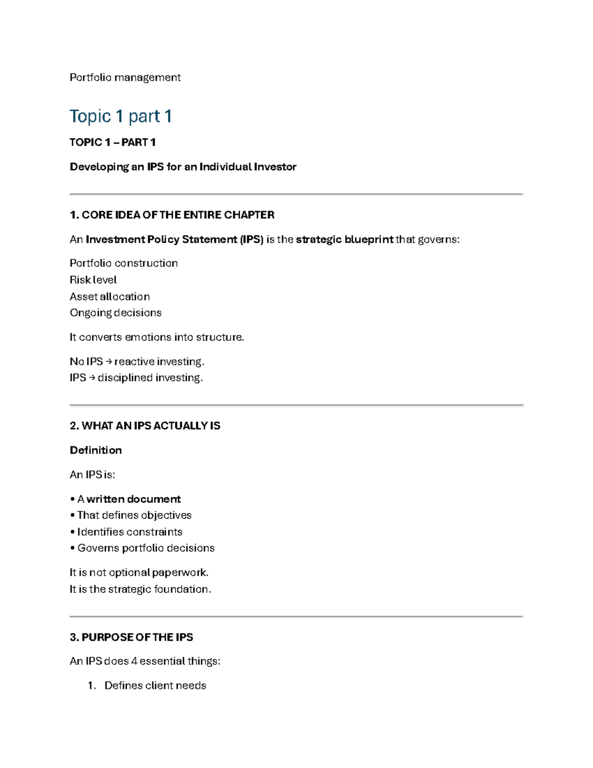 Portfolio Management (FIN 101): Developing an IPS for Individual ...