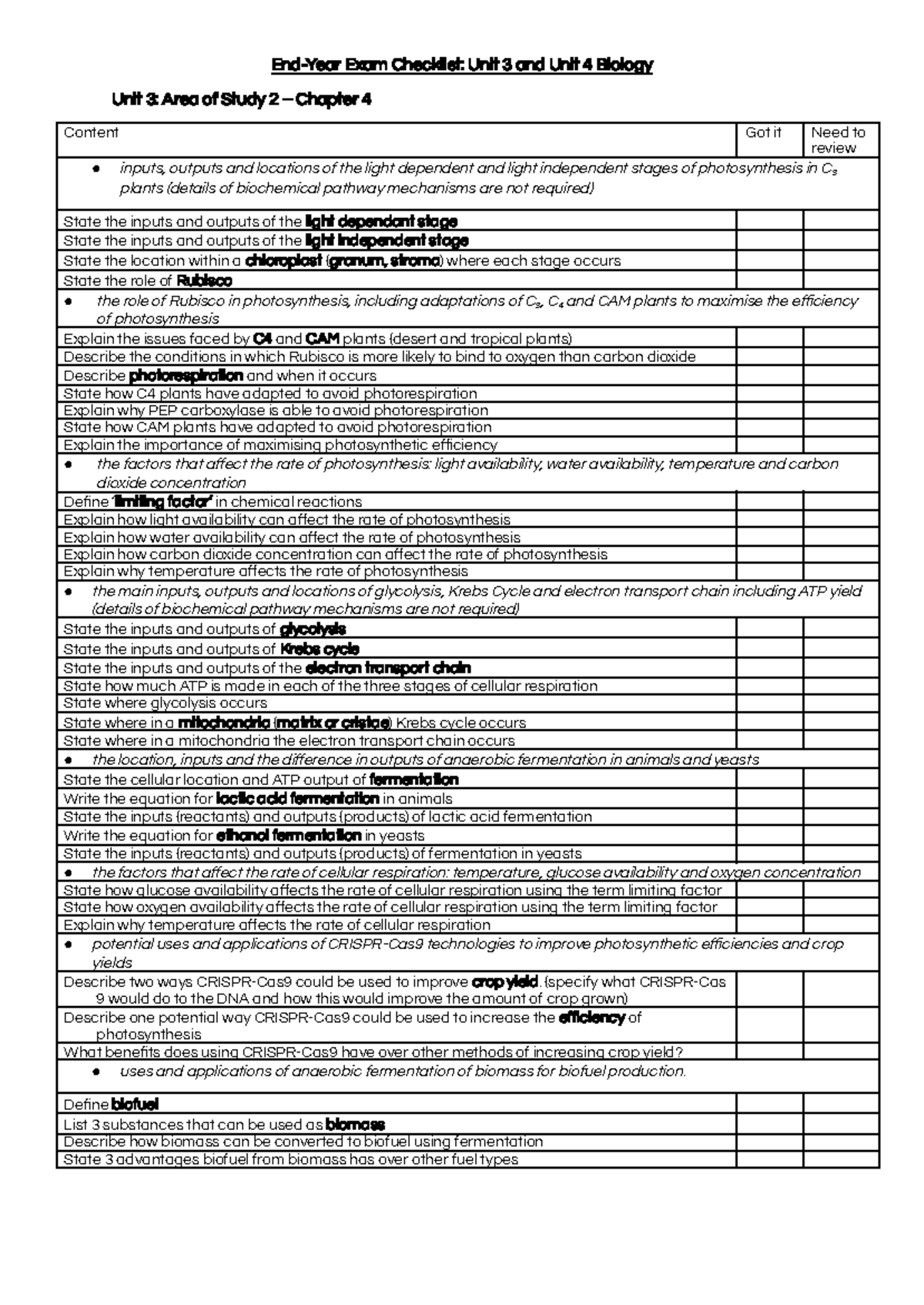 Unit 3 Biochemical Pathways CHECKLIST/ - End-Year Exam Checklist: Unit ...