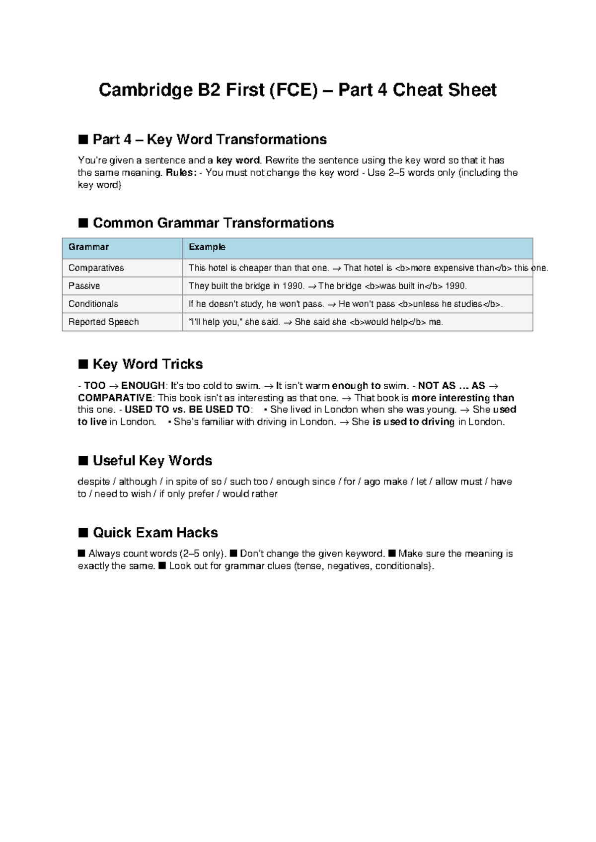 Cambridge B2 First (FCE) Part 4 Key Word Transformations Guide ...