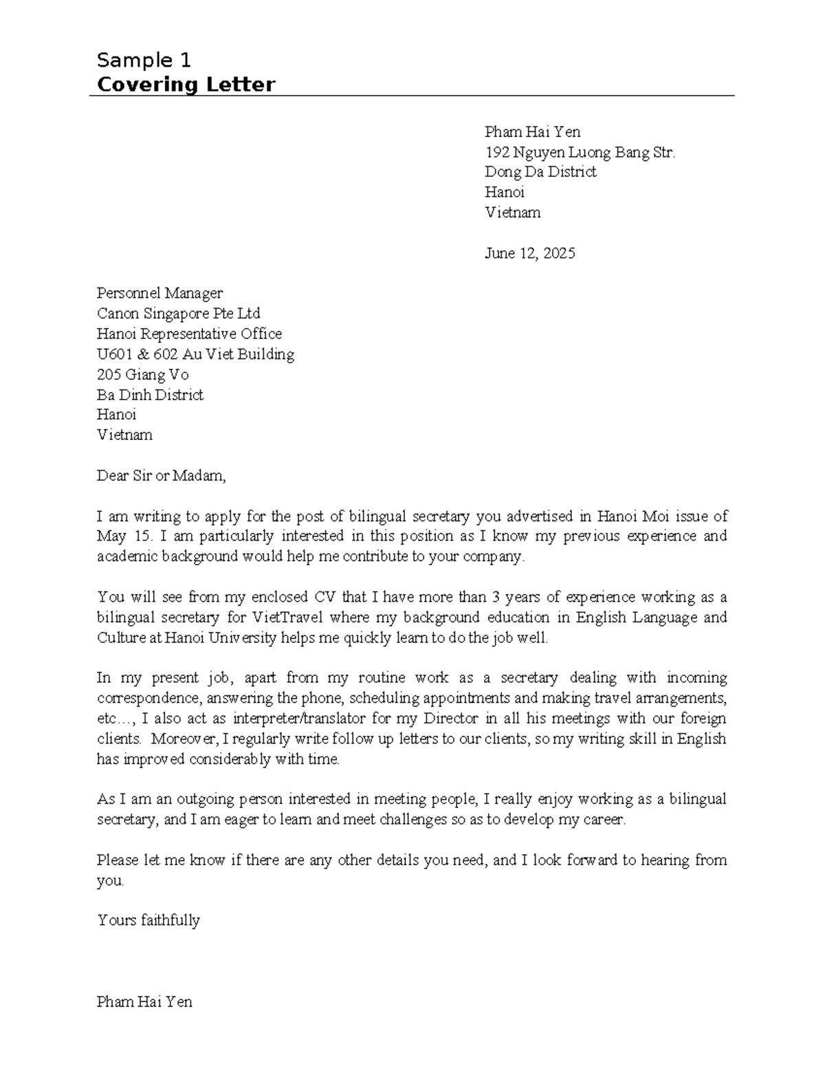 Sample Covering Letter for Bilingual Secretary Position - Studocu