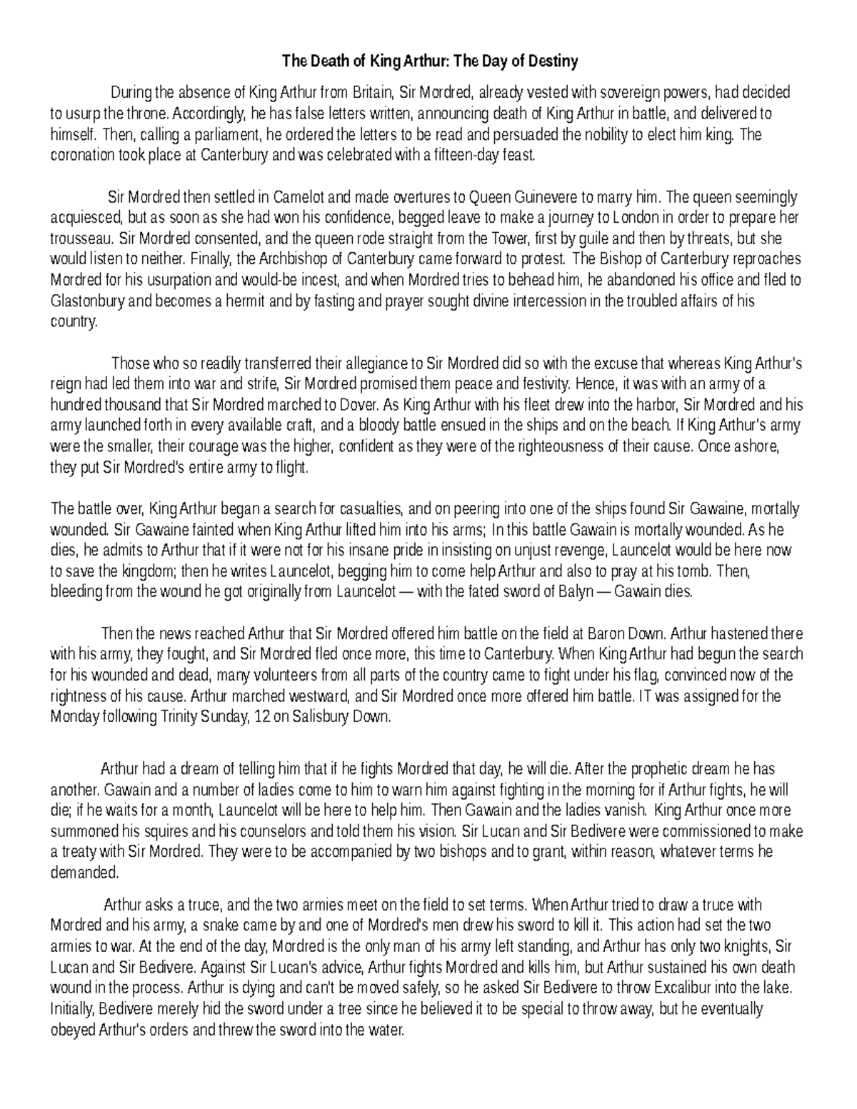 Summary of "The Death of King Arthur: The Day of Destiny" - Studocu