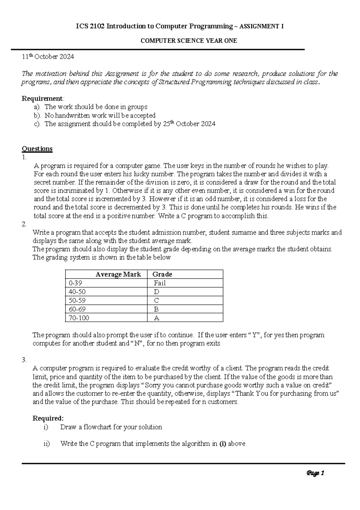 ICS 2102 Assignment I - Page 1 ICS 2102 Introduction to Computer ...