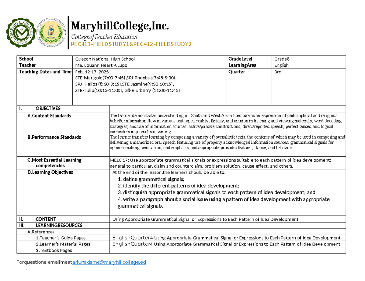 DLL Lesson PLAN ENG8 Grammatical Signals QNHS ...
