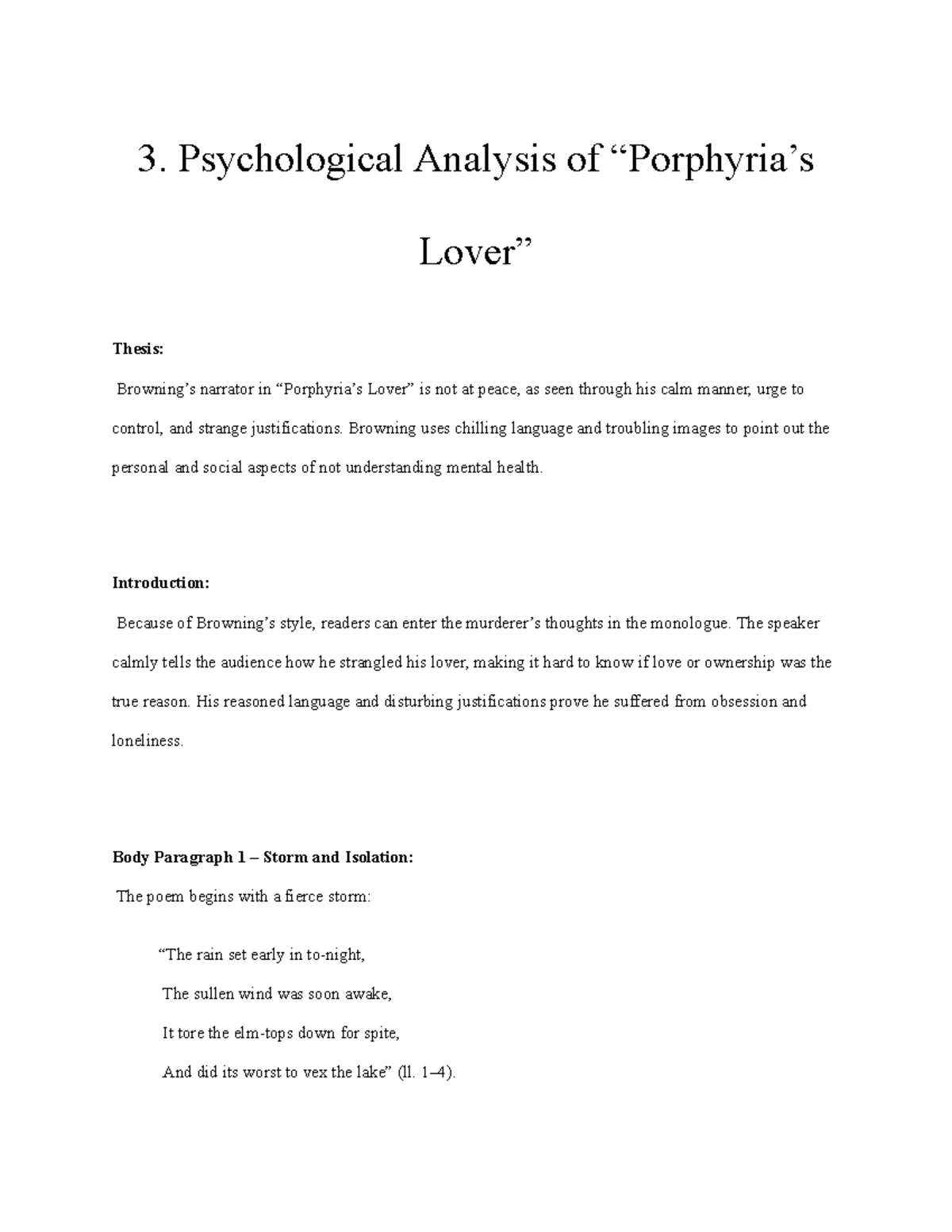 3. Psychological Analysis of “Porphyria’s Lover” (ENG 101) - Studocu