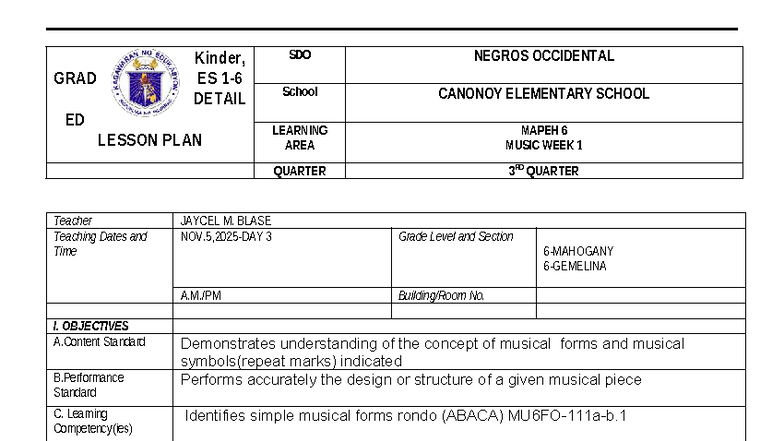 Q3 LP G6 MAPEH Music D3 - Rondo Form Lesson Plan - Studocu
