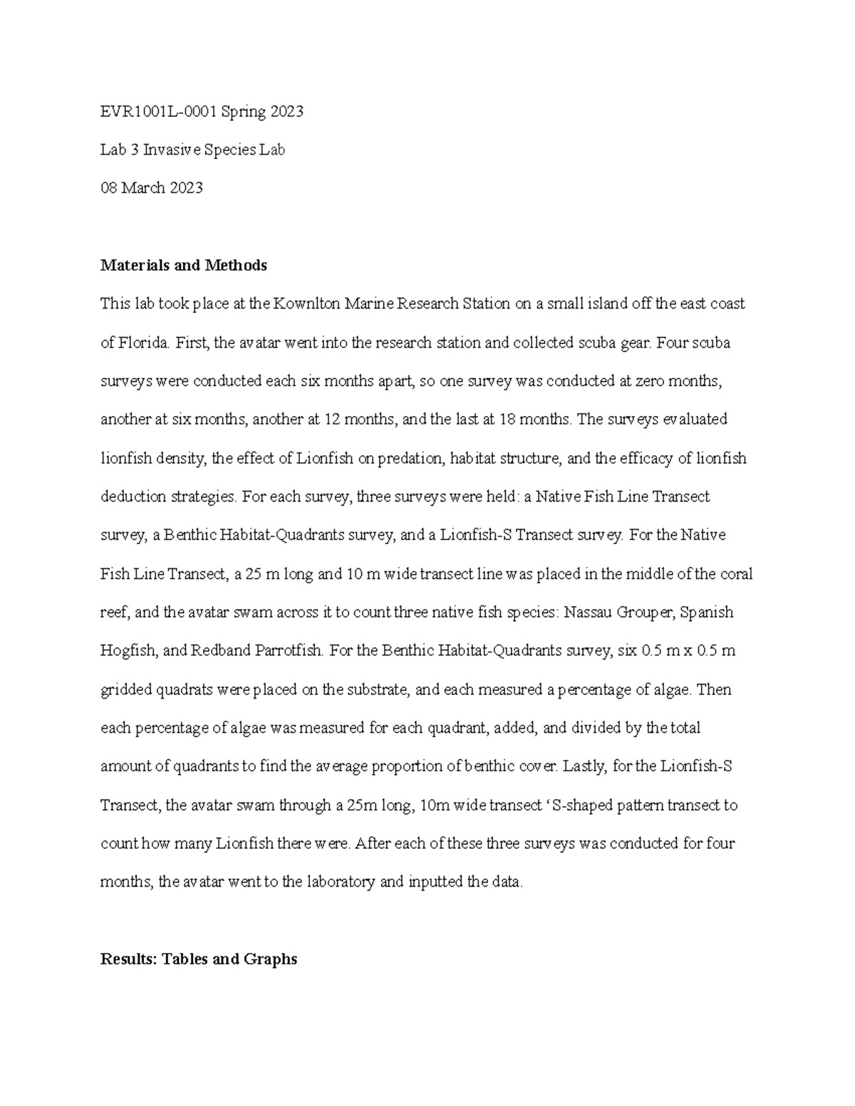 EVR1001L Lab 3: Impact of Invasive Lionfish on Marine Ecosystem - Studocu
