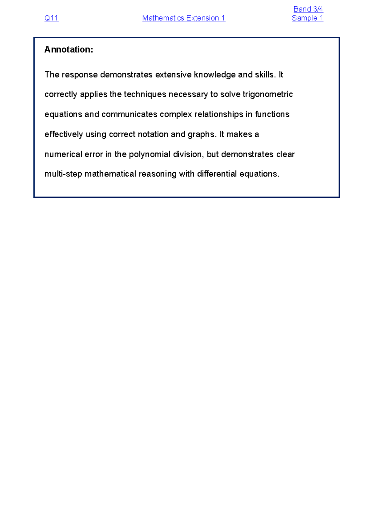 Mathematics Extension 1 Band 3 Q11 Sample 1 Analysis and Solutions ...