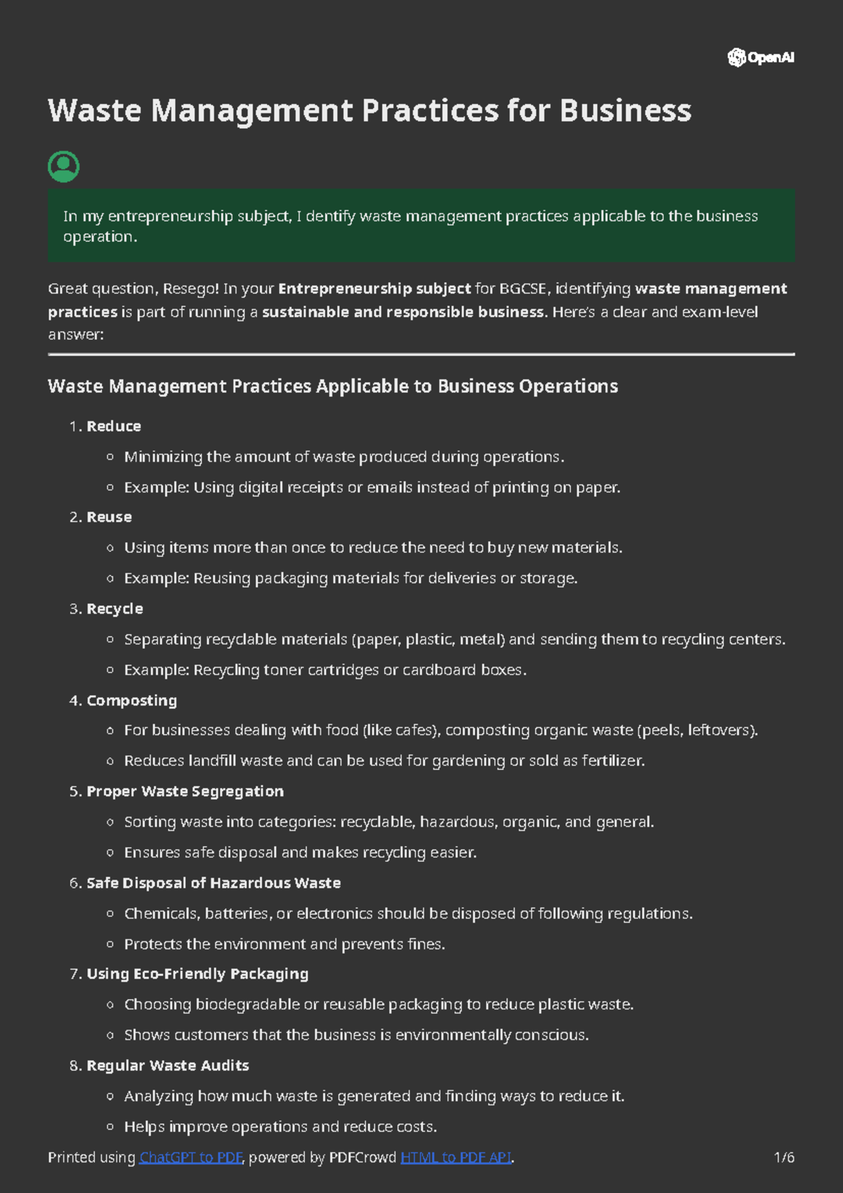 Waste Management Practices in Entrepreneurship (BGCSE) - Studocu