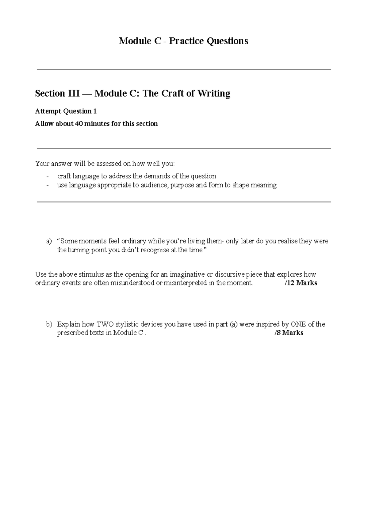Module C - Practice Questions: The Craft of Writing - Studocu
