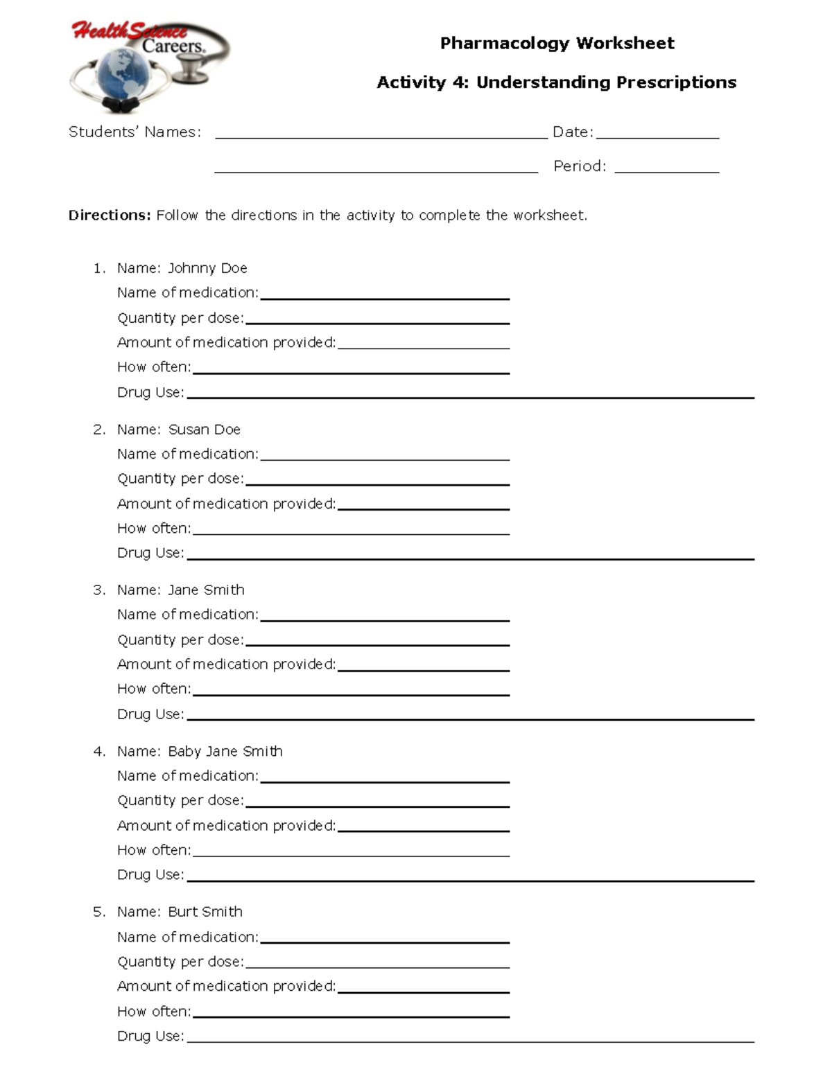 Pharmacology Worksheet Activity 4 - 1. Name: Johnny Doe Name of ...