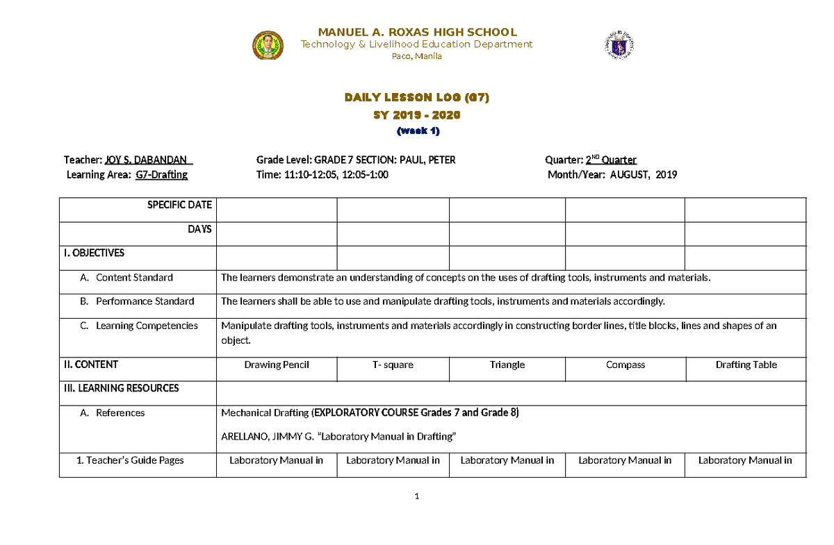 G7-Drafting Daily Lesson Log: Weeks 1 to 3 Overview (SY 2019-2020 ...
