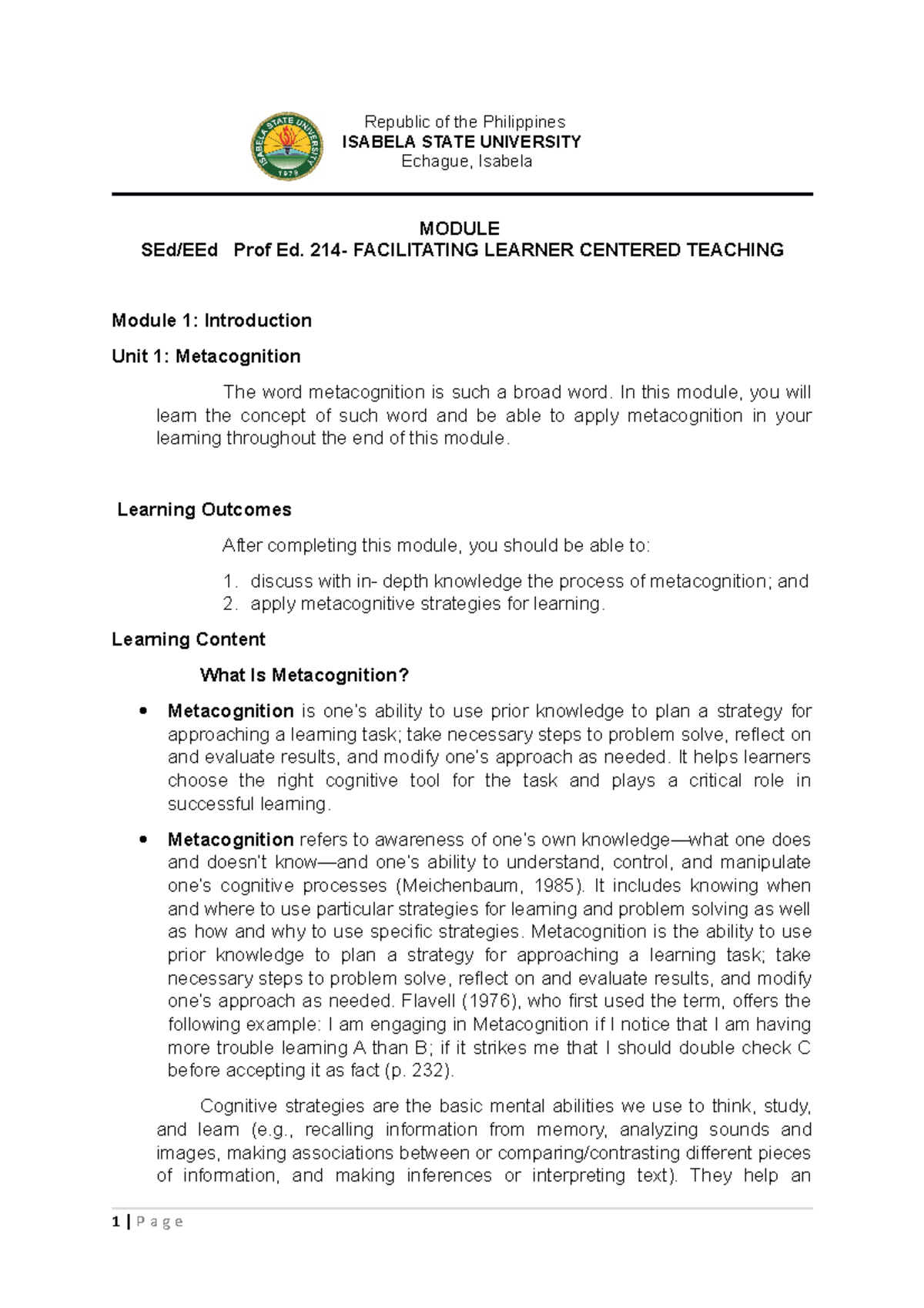 Module facilitating learning complete - Republic of the Philippines ISABELA STATE UNIVERSITY ...