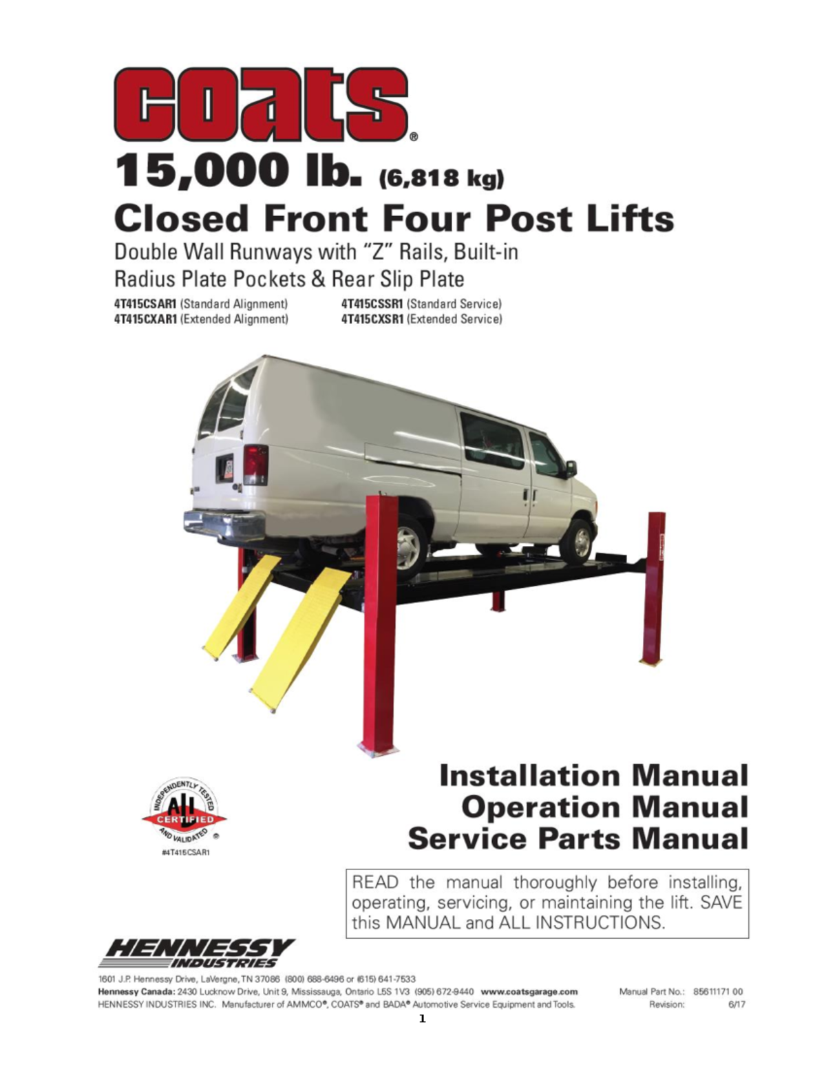 Coats Closed Front 15K 4 Post Lift Installation & Maintenance Manual ...
