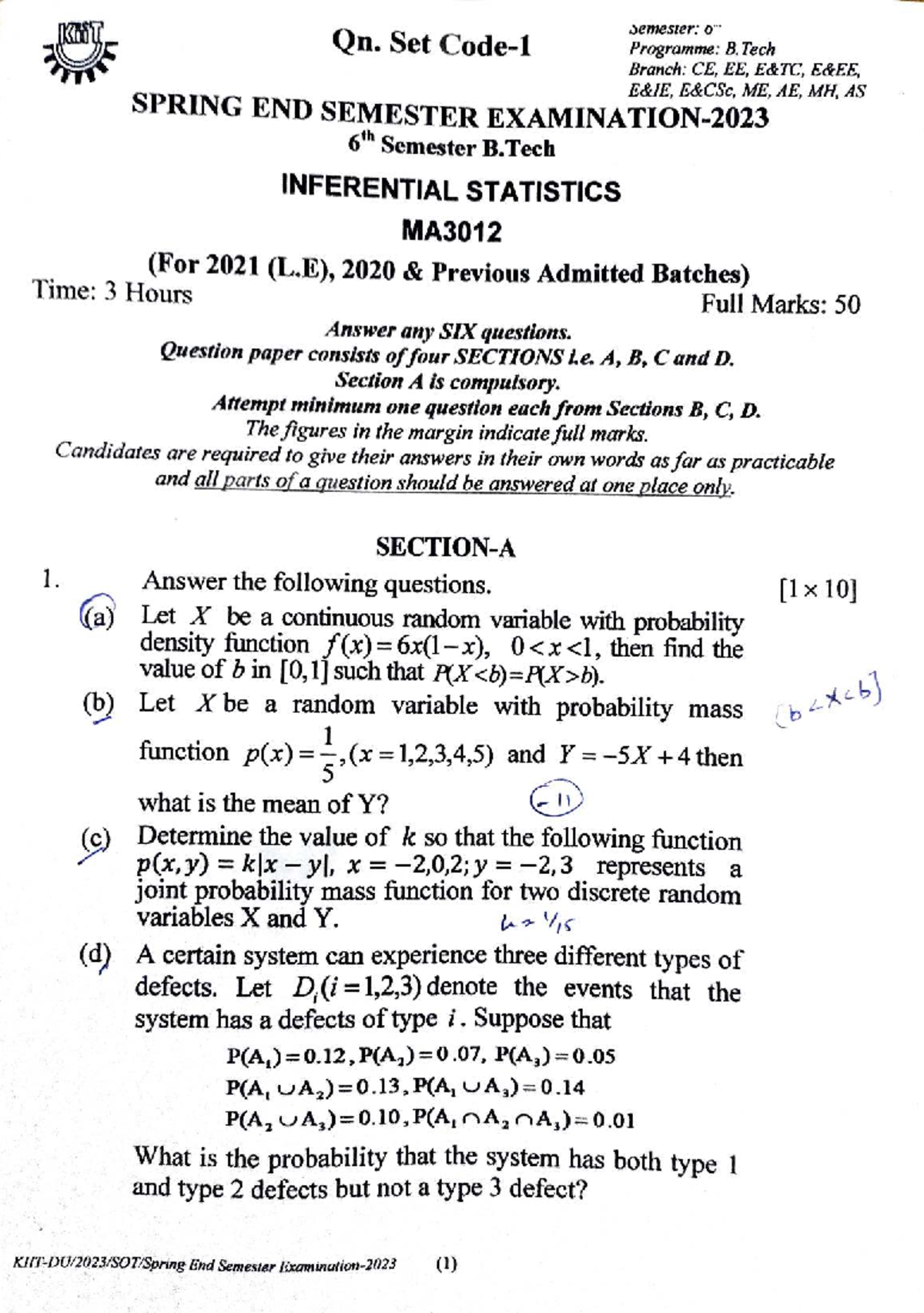 End Semester Practice Paper: MA3012 Inferential Statistics for B.Tech ...