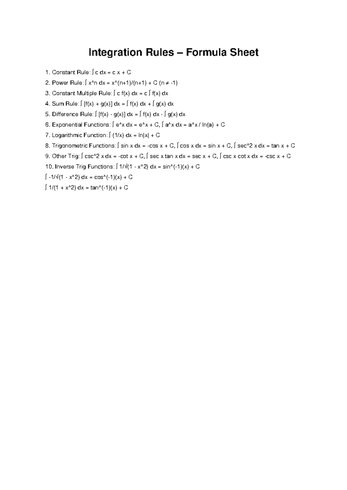 Integration Rules Formula Sheet for Calculus 101 - Studocu