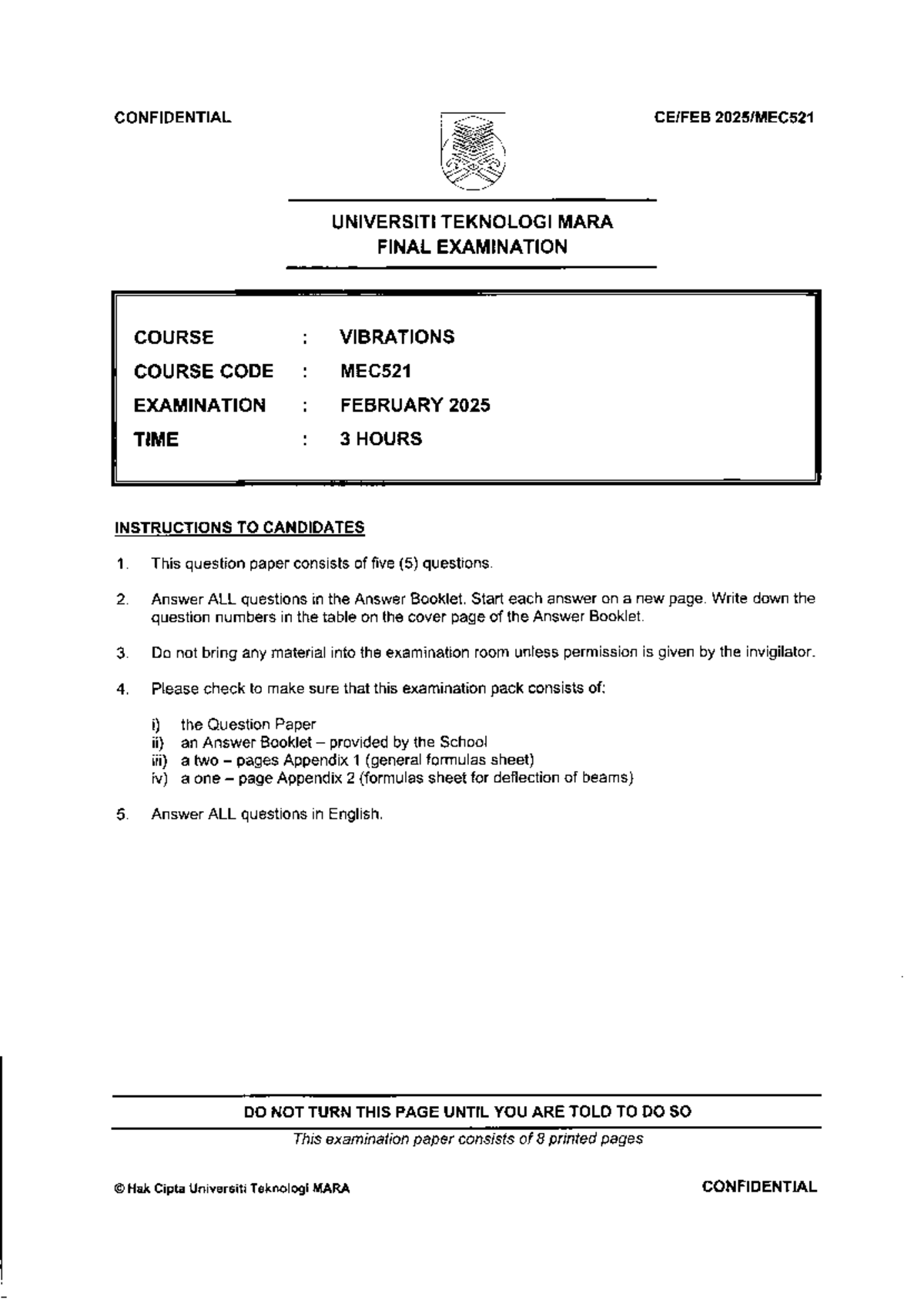 MEC521 - Final Exam Past Year Questions on Course Vibrations - Studocu