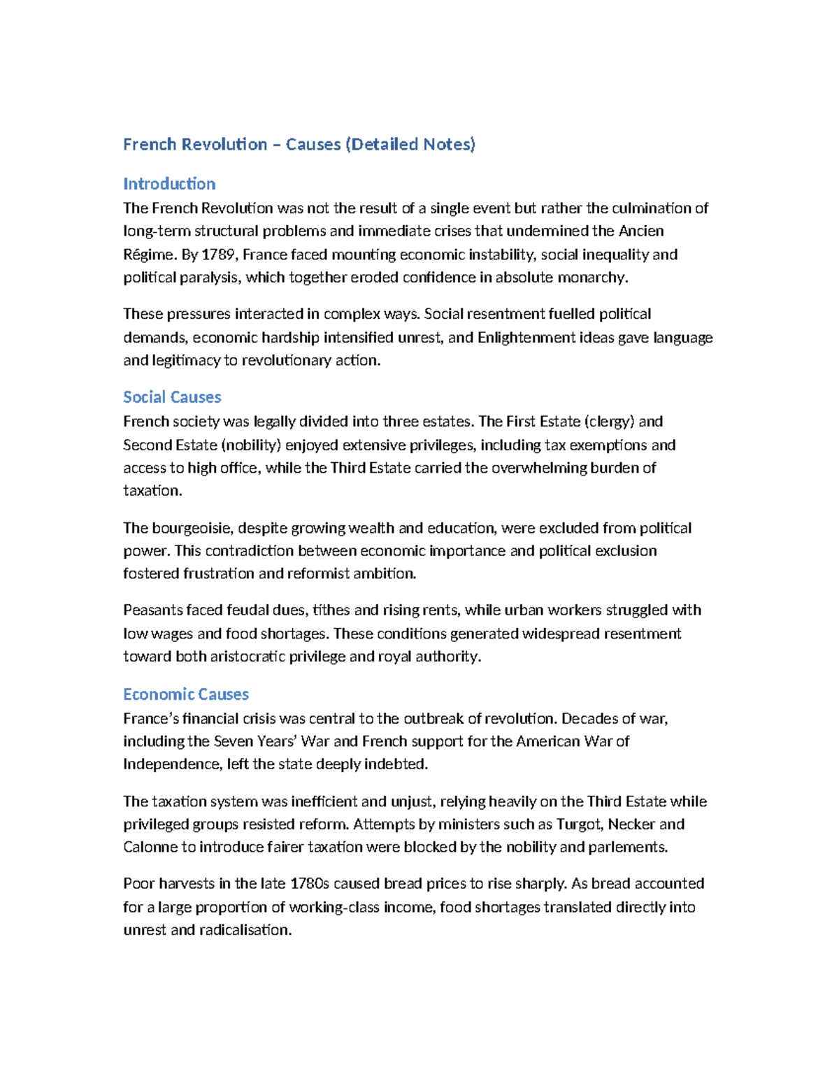 French Revolution Causes (Detailed Notes) - An In-Depth Analysis - Studocu