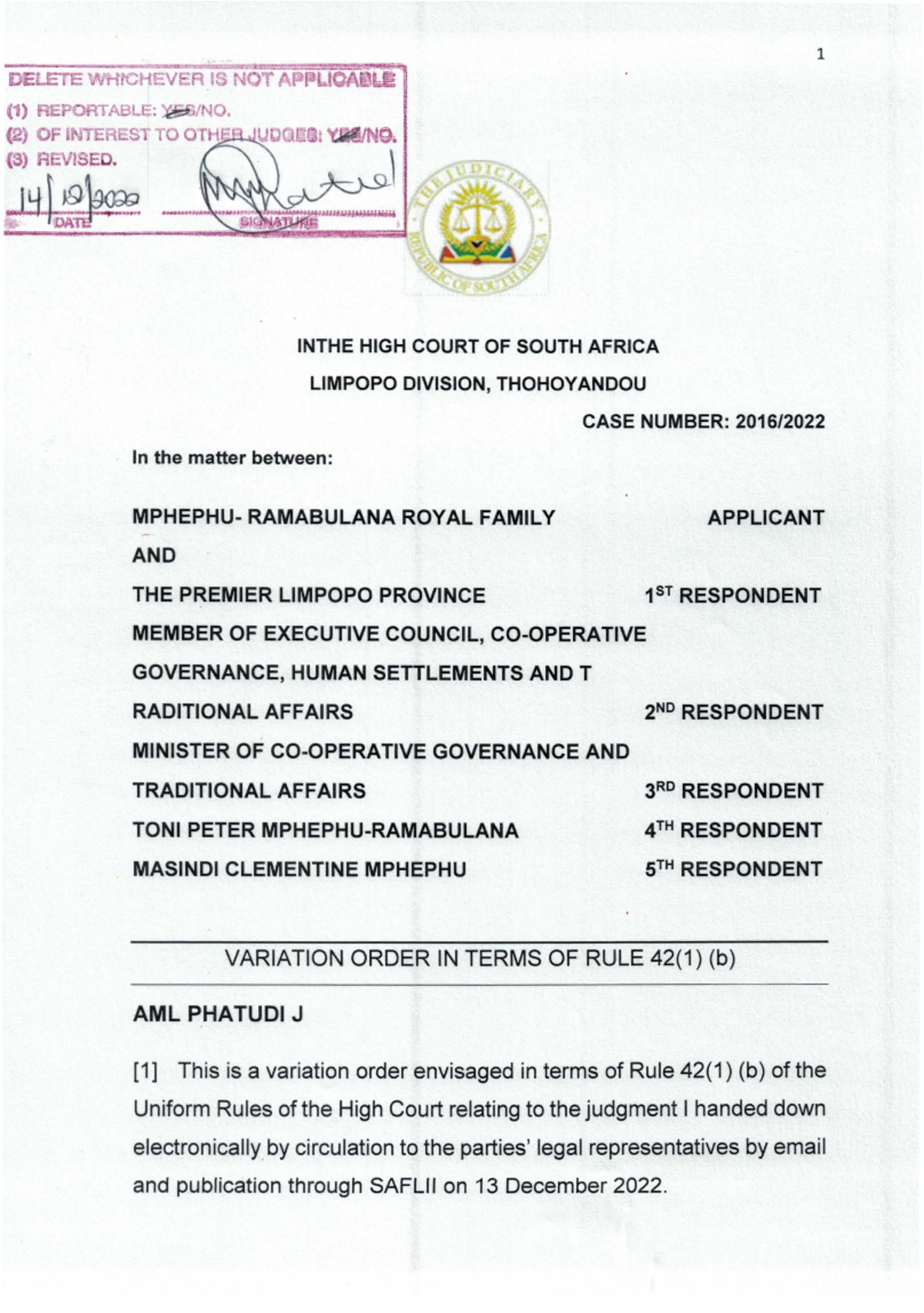 Variation Order Under Rule 42(1)(b) - Case No. 2016/ MPHEPHU-RAMABULANA ...