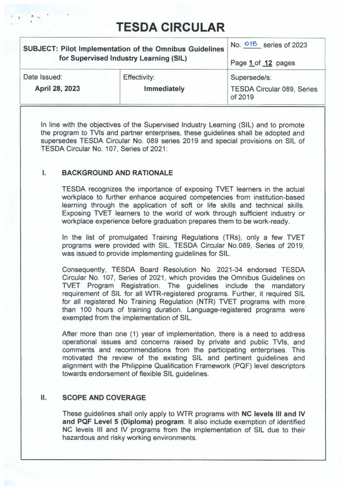 TESDA Circular 018-2023: Omnibus Guidelines for Supervised Industry ...