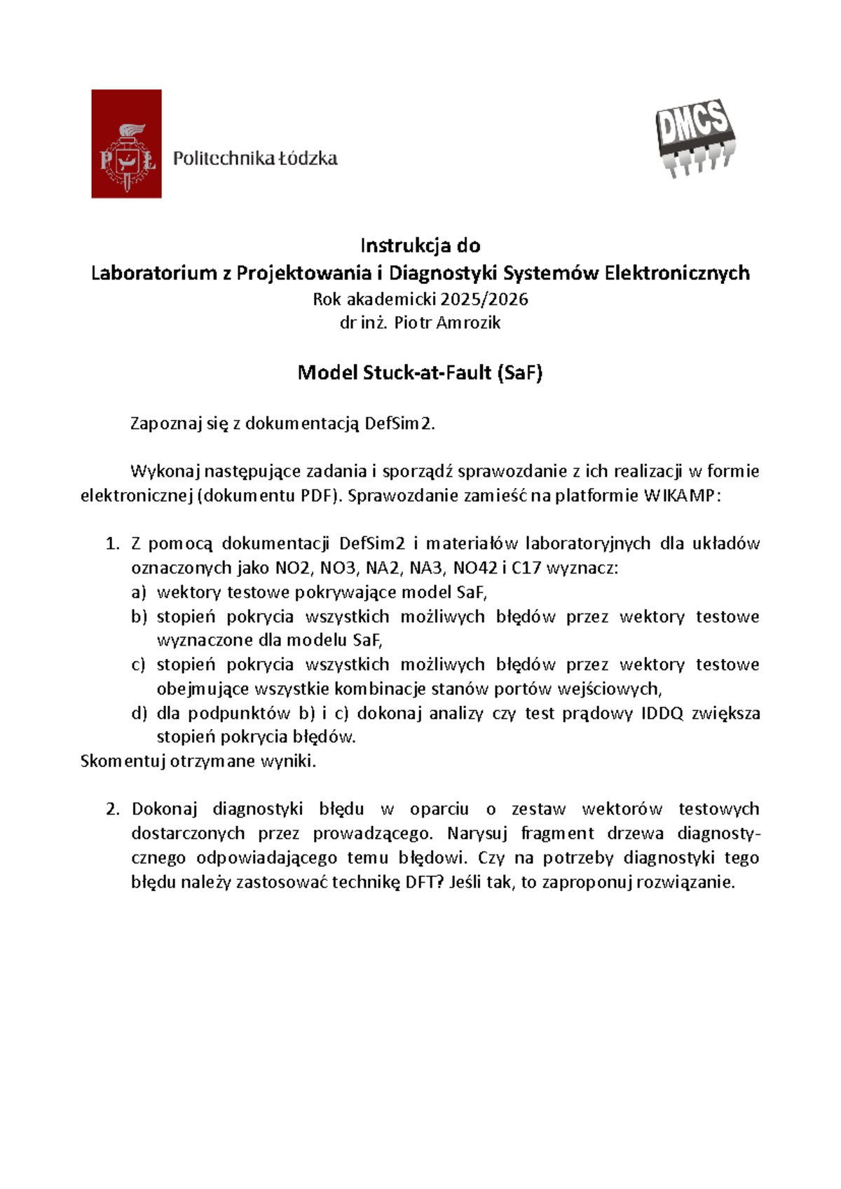 Instrukcja do Laboratorium NiD SaF - Diagnostyka i Projektowanie - Studocu