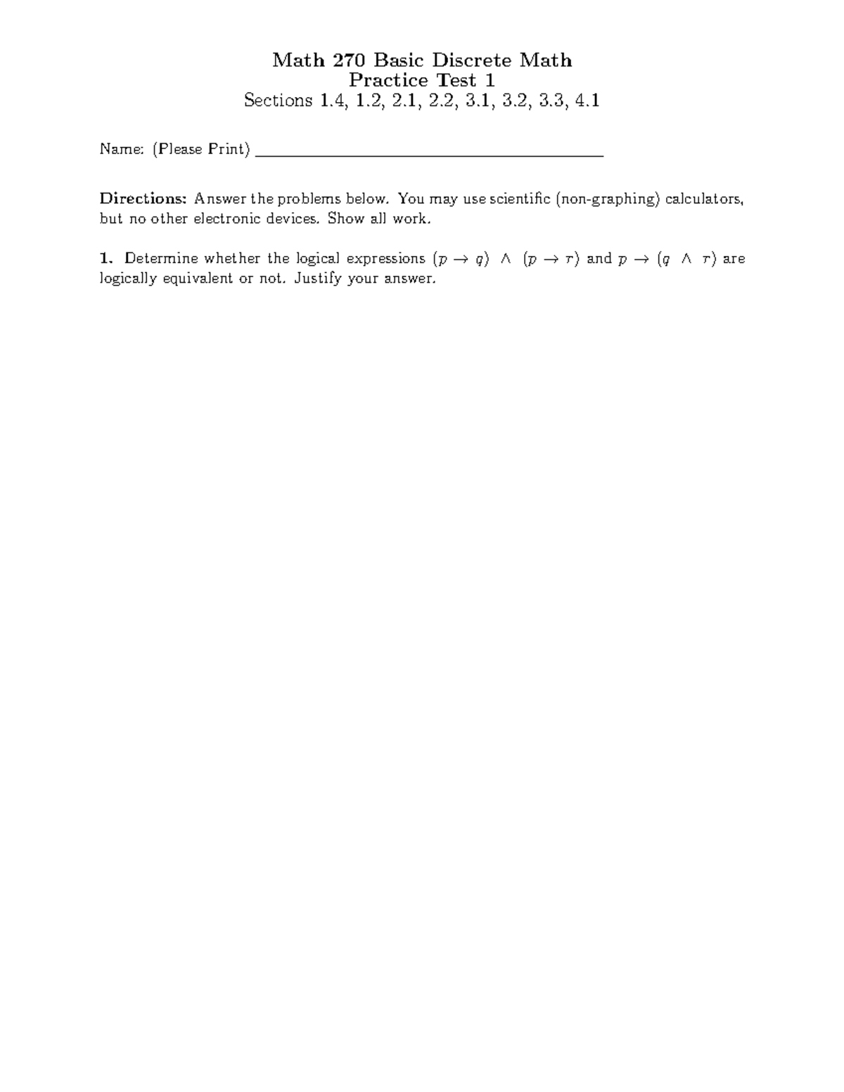 Math 270 Practice Test 1: Basic Discrete Math Concepts - Studocu