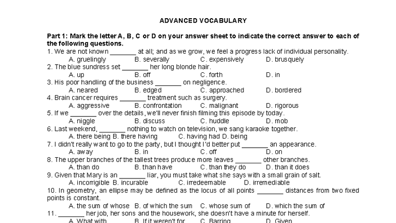 ADVANCED VOCABULARY Part 1: Multiple Choice Questions and Answers - Studocu